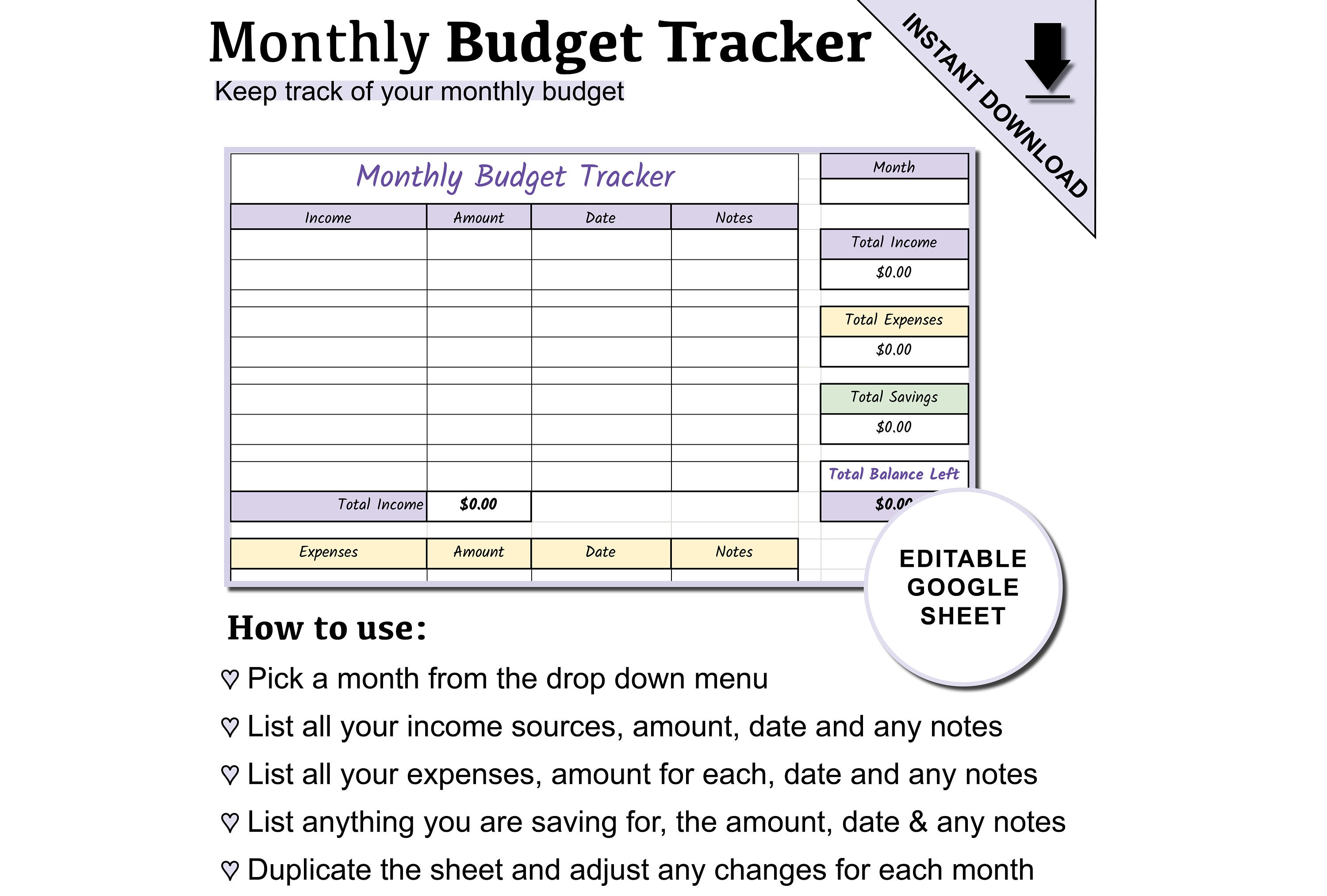 Editable Purple Monthly Budget Tracker Sheet | Google Spreadsheets ...