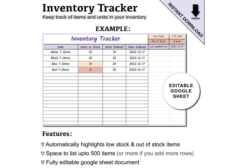 Editable Purple Inventory Tracker for Business | Google Spreadsheets ...