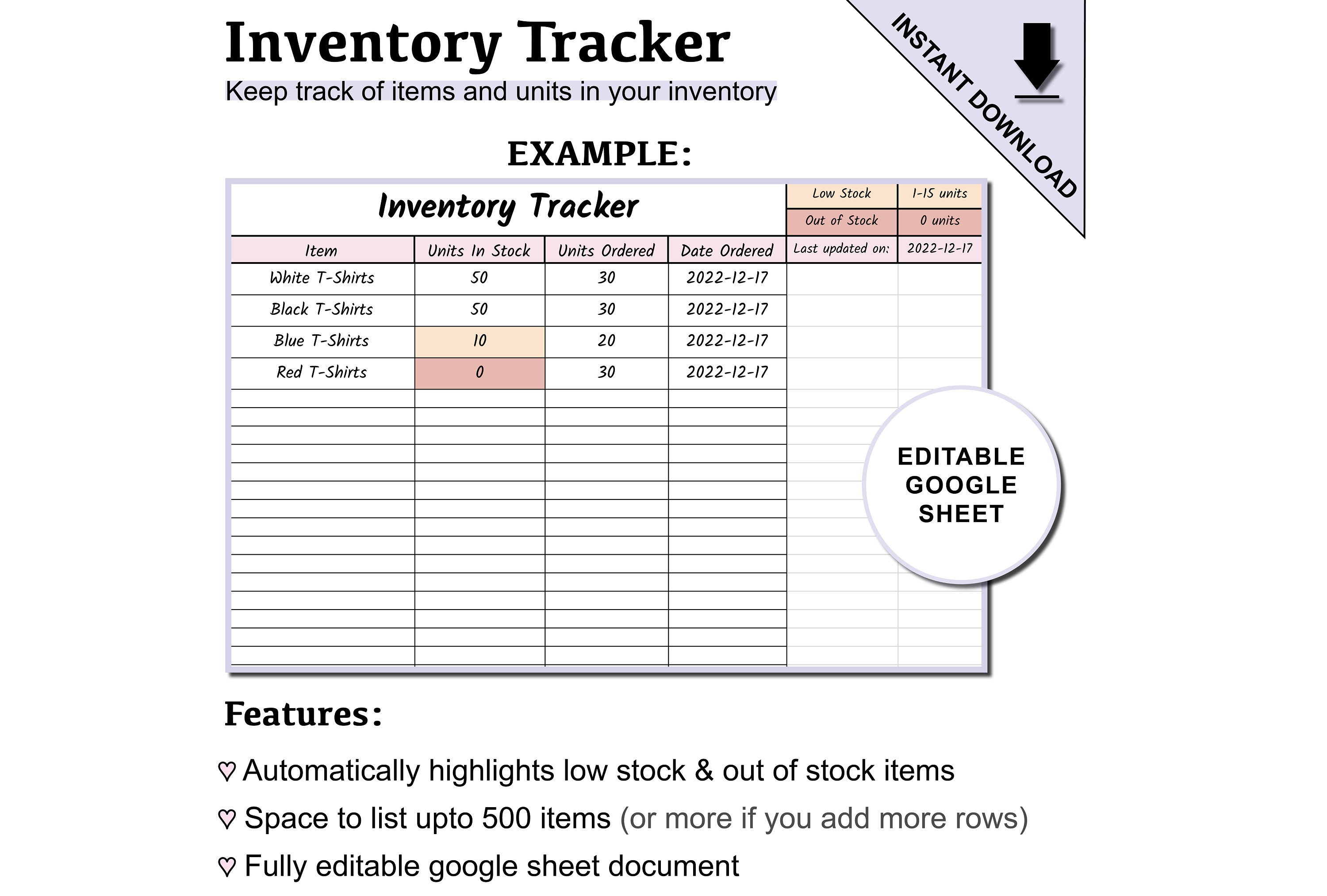 Editable Pink Inventory Tracker for Business | Google Spreadsheets ...