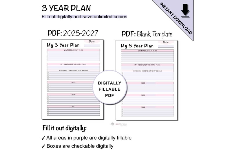 Fillable 3 Year Goal Planning Template for 2025 to 2027 Plus Blank ...