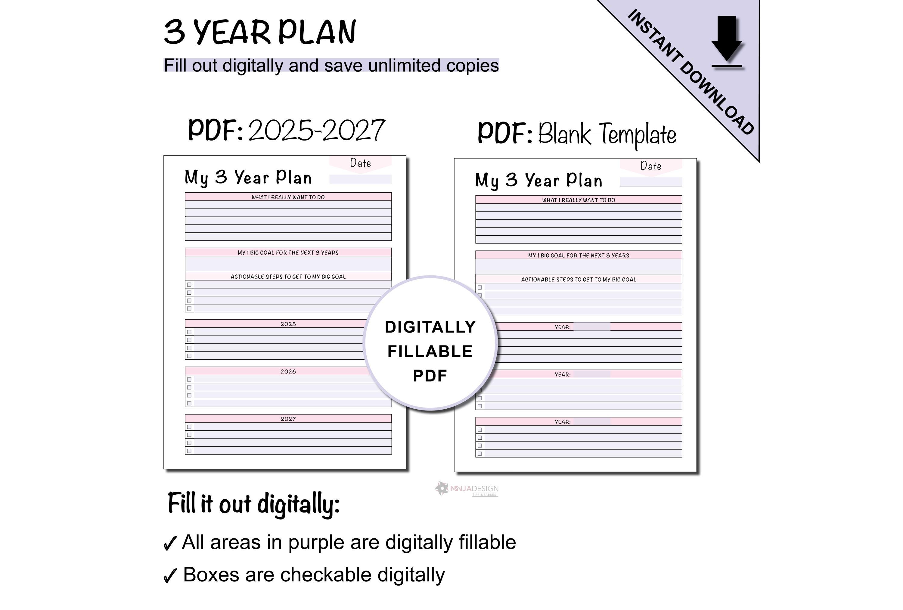 Fillable 3 Year Goal Planning Template for 2025 to 2027 Plus Blank ...