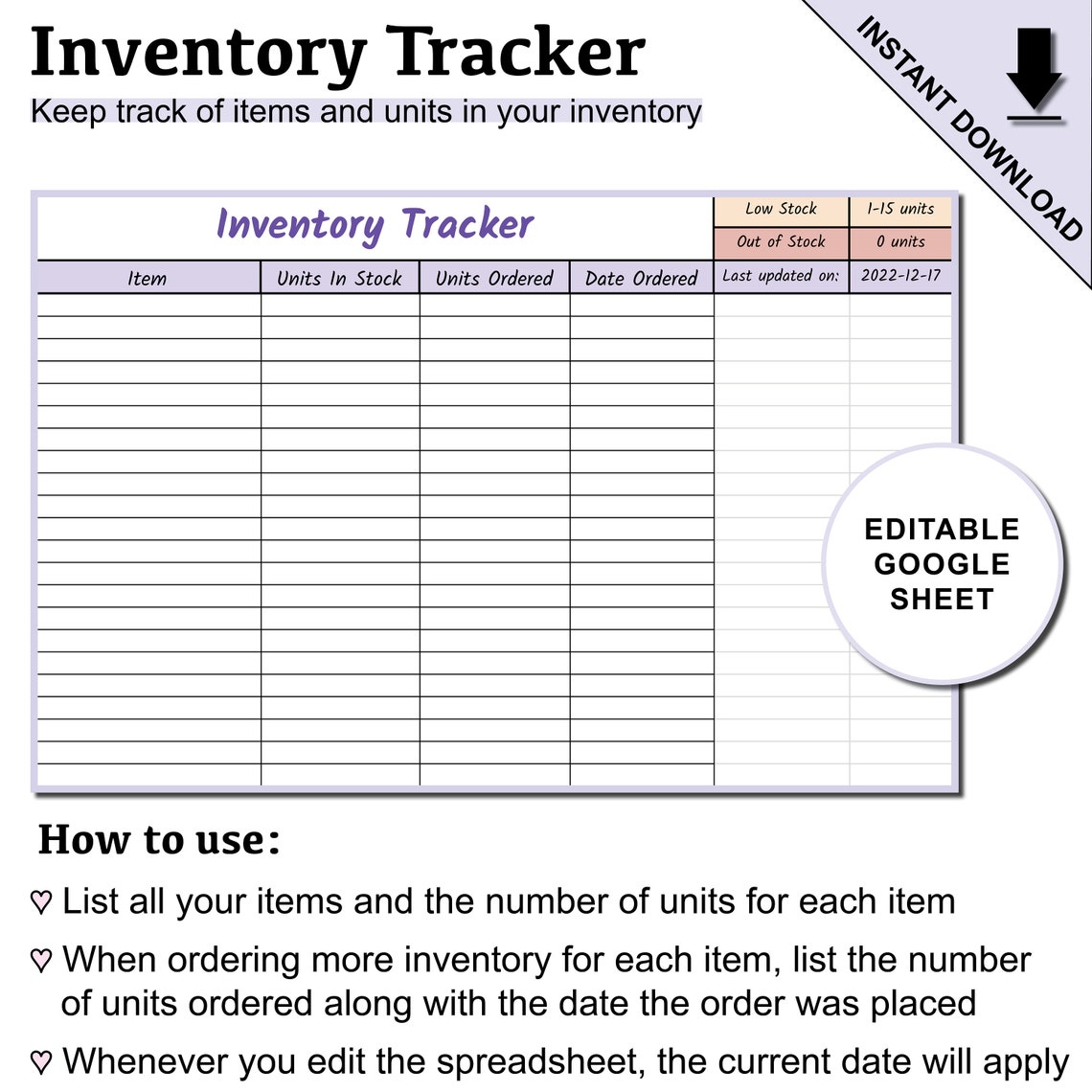Editable Purple Inventory Tracker for Business Google - Etsy