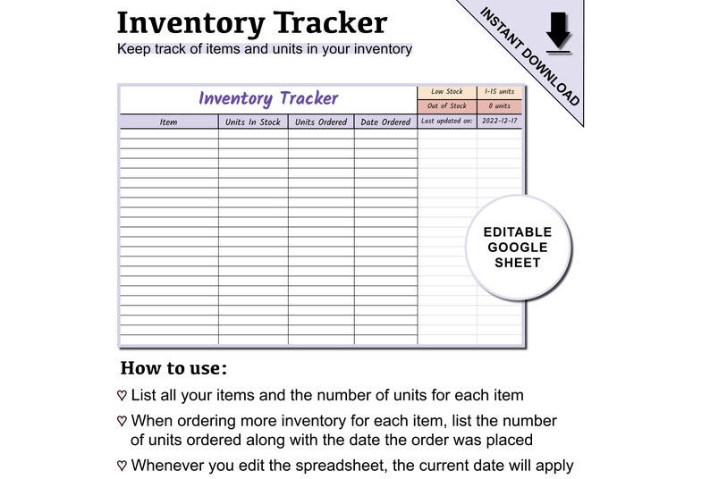 Editable Purple Inventory Tracker for Business | Google Spreadsheets ...