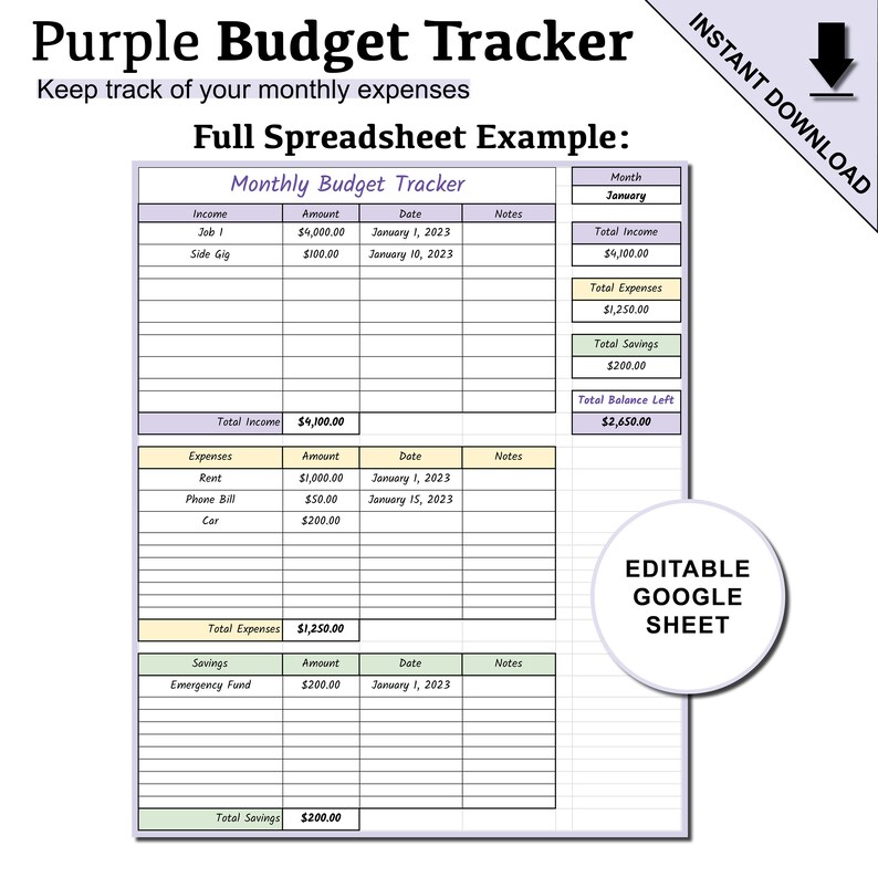 Editable Purple Monthly Budget Tracker Sheet Google - Etsy