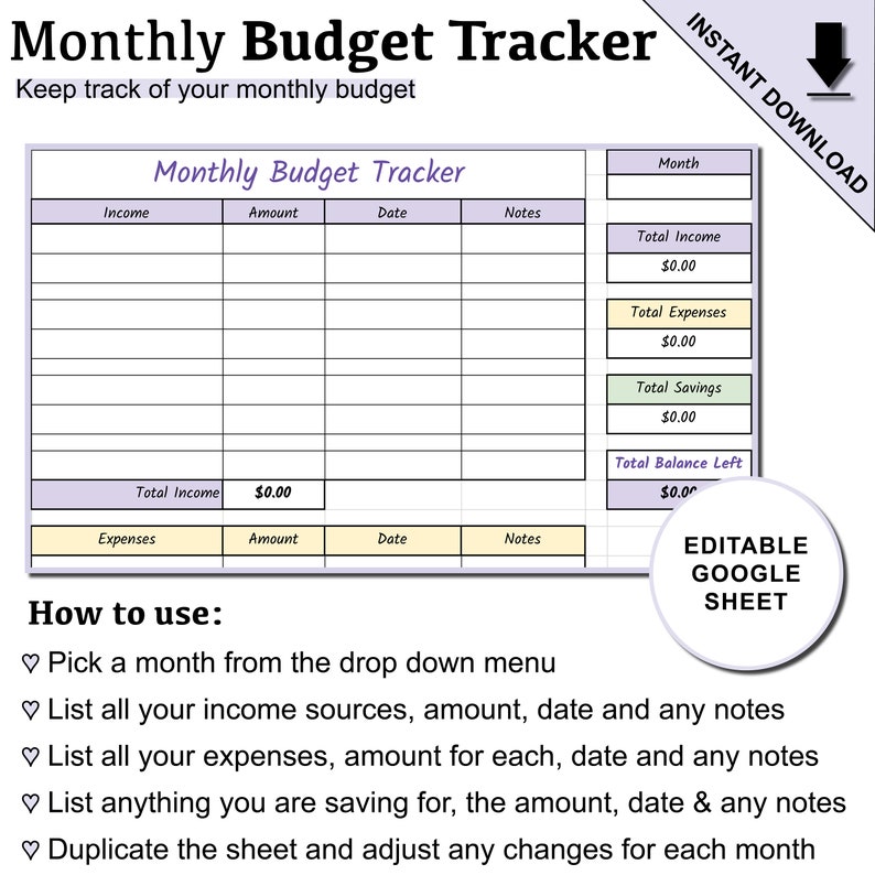 Editable Purple Monthly Budget Tracker Sheet Google - Etsy