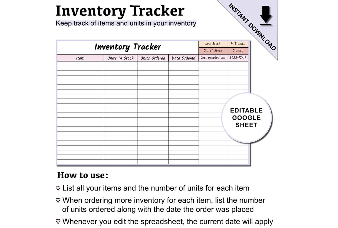 Editable Pink Inventory Tracker for Business Google Spreadsheets ...