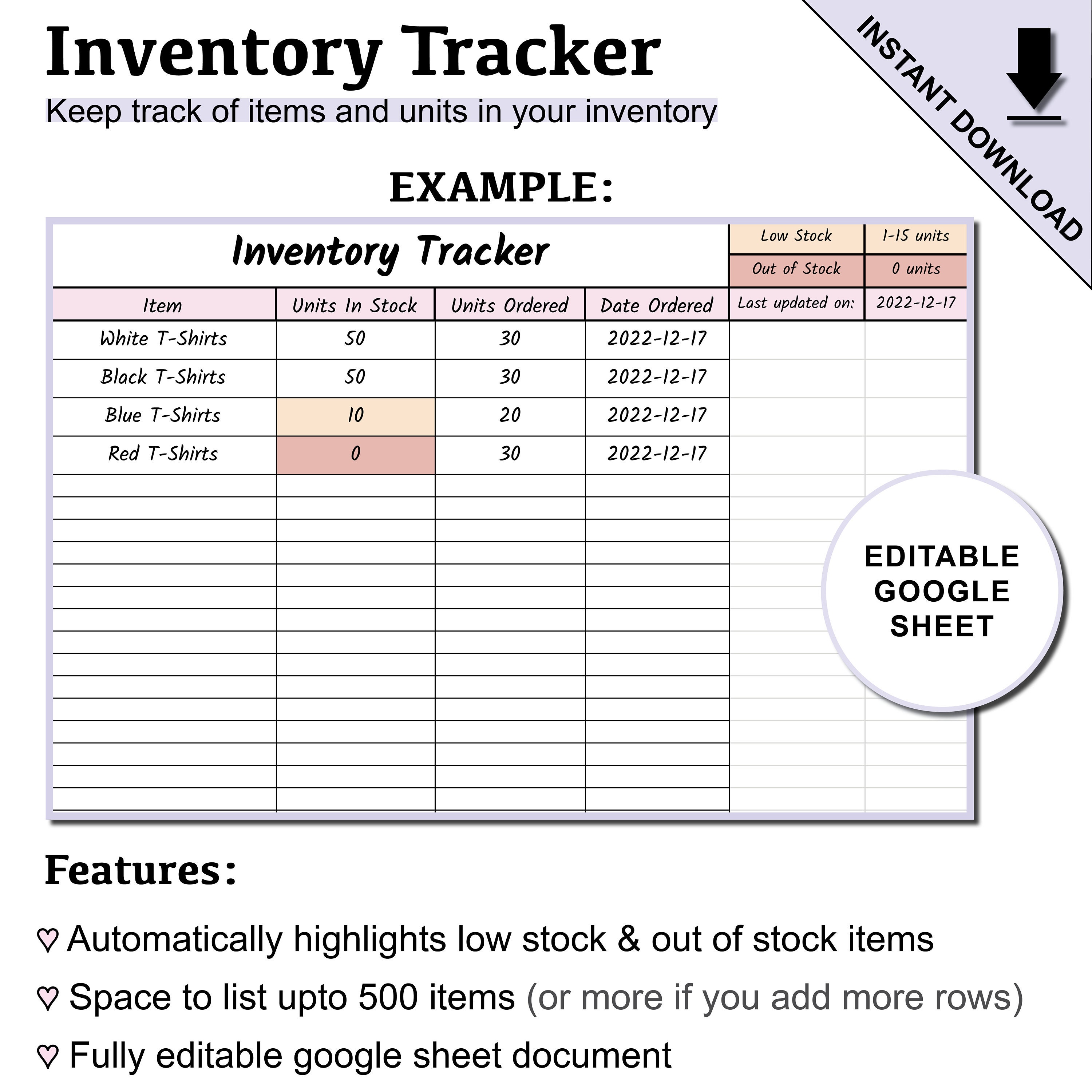 Editable Pink Inventory Tracker for Business Google - Etsy