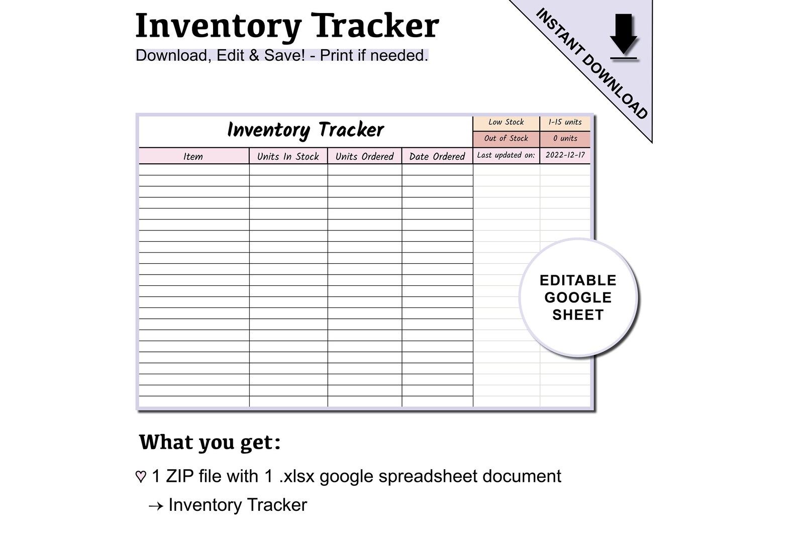 Editable Pink Inventory Tracker for Business Google Spreadsheets ...