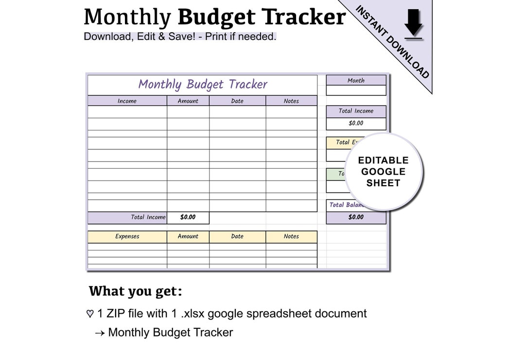 Editable Purple Monthly Budget Tracker Sheet | Google Spreadsheets ...
