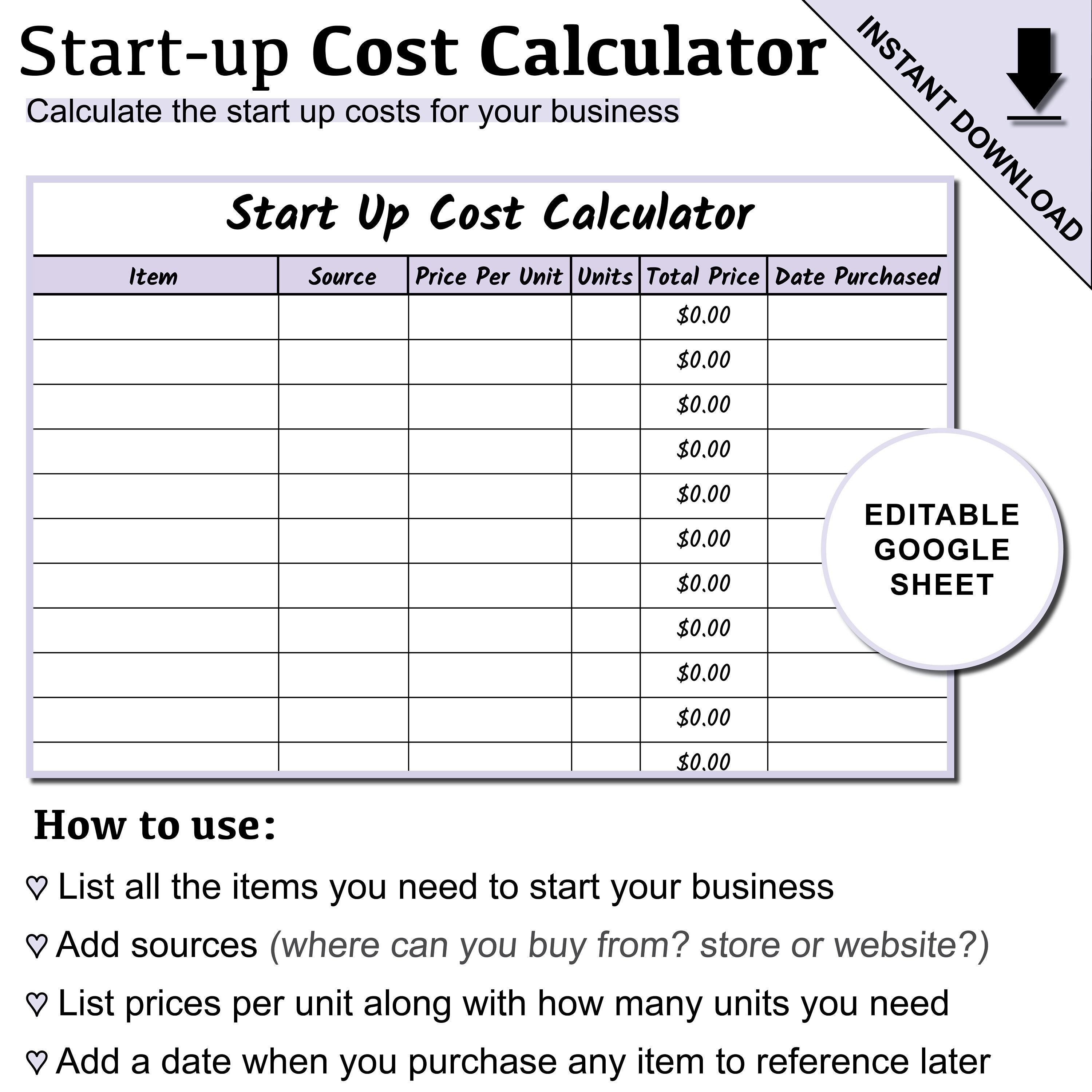 Editable Purple Start up Cost Calculator for Business - Etsy
