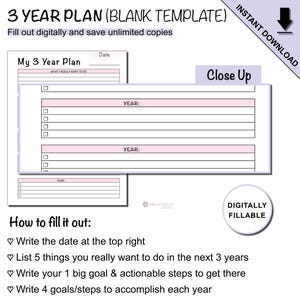 Fillable 3 Year Goal Planning Template for 2025 to 2027 Plus Blank ...