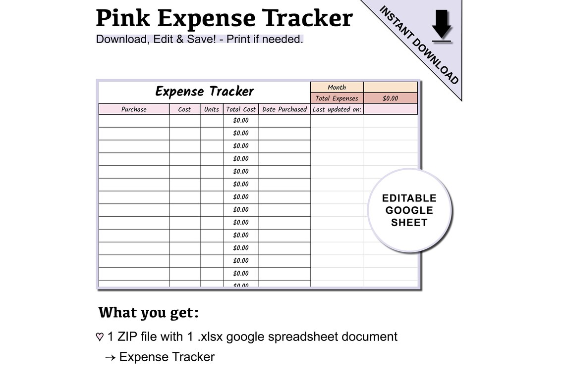 Editable Pink Expense Tracker for Business | Google Spreadsheets ...