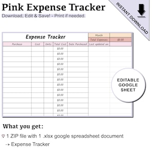 Editable Pink Expense Tracker for Business | Google Spreadsheets Expense Tracker Template - Etsy