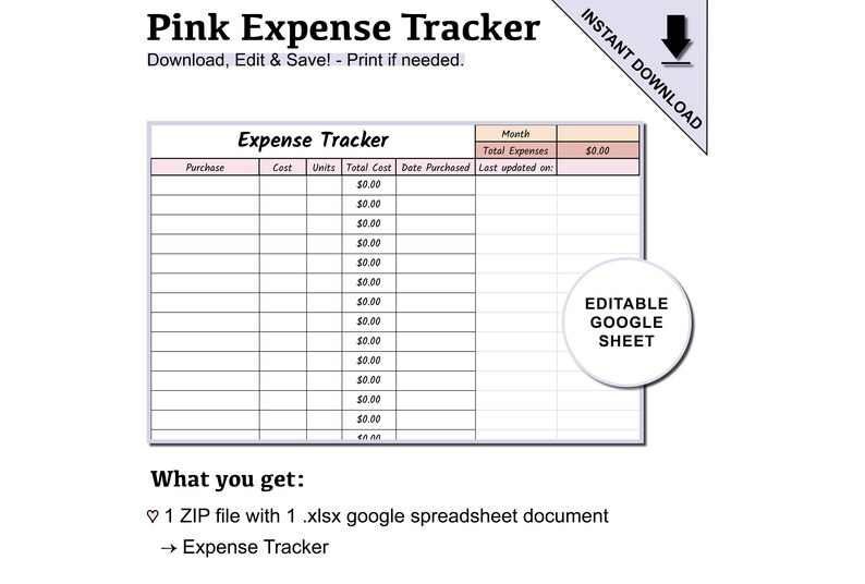 Editable Pink Expense Tracker for Business | Google Spreadsheets ...