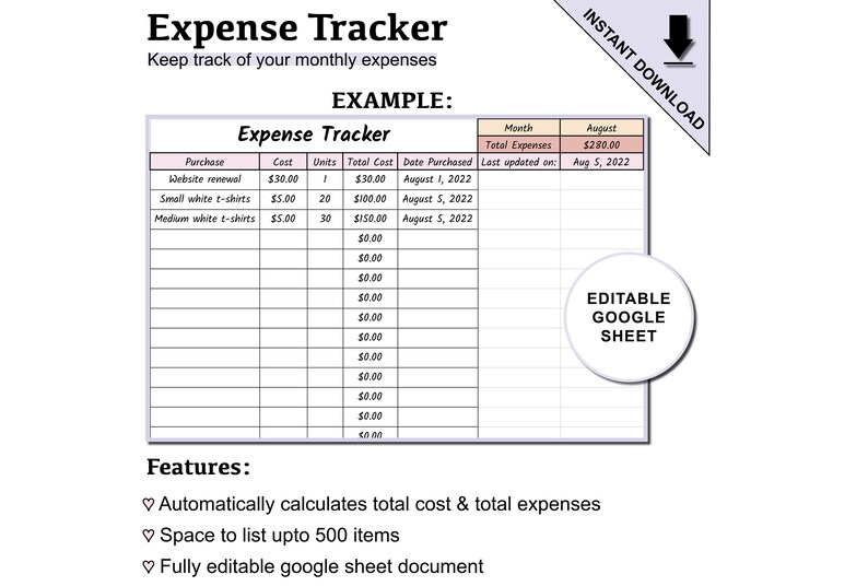 Editable Pink Expense Tracker for Business | Google Spreadsheets ...