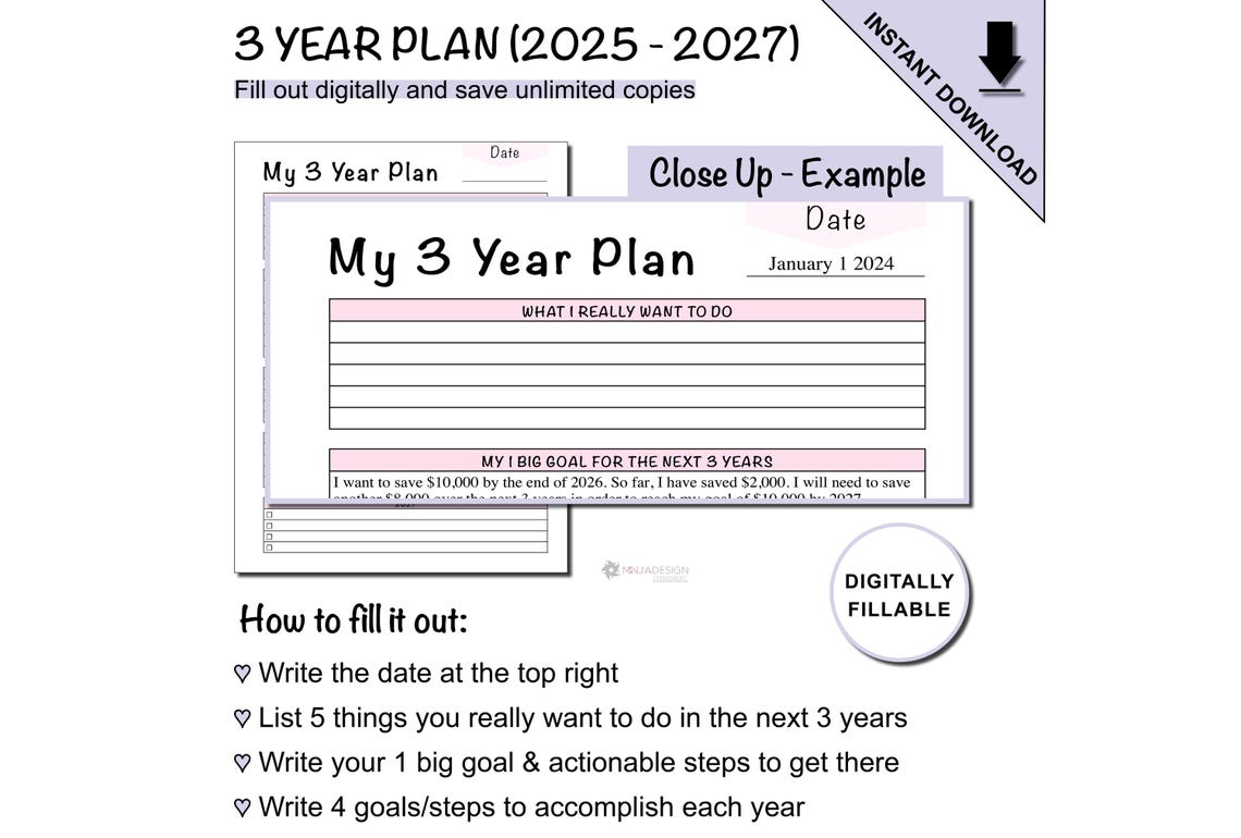 Fillable 3 Year Goal Planning Template for 2025 to 2027 Plus Blank ...