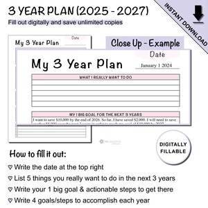 Fillable 3 Year Goal Planning Template for 2025 to 2027 Plus Blank ...