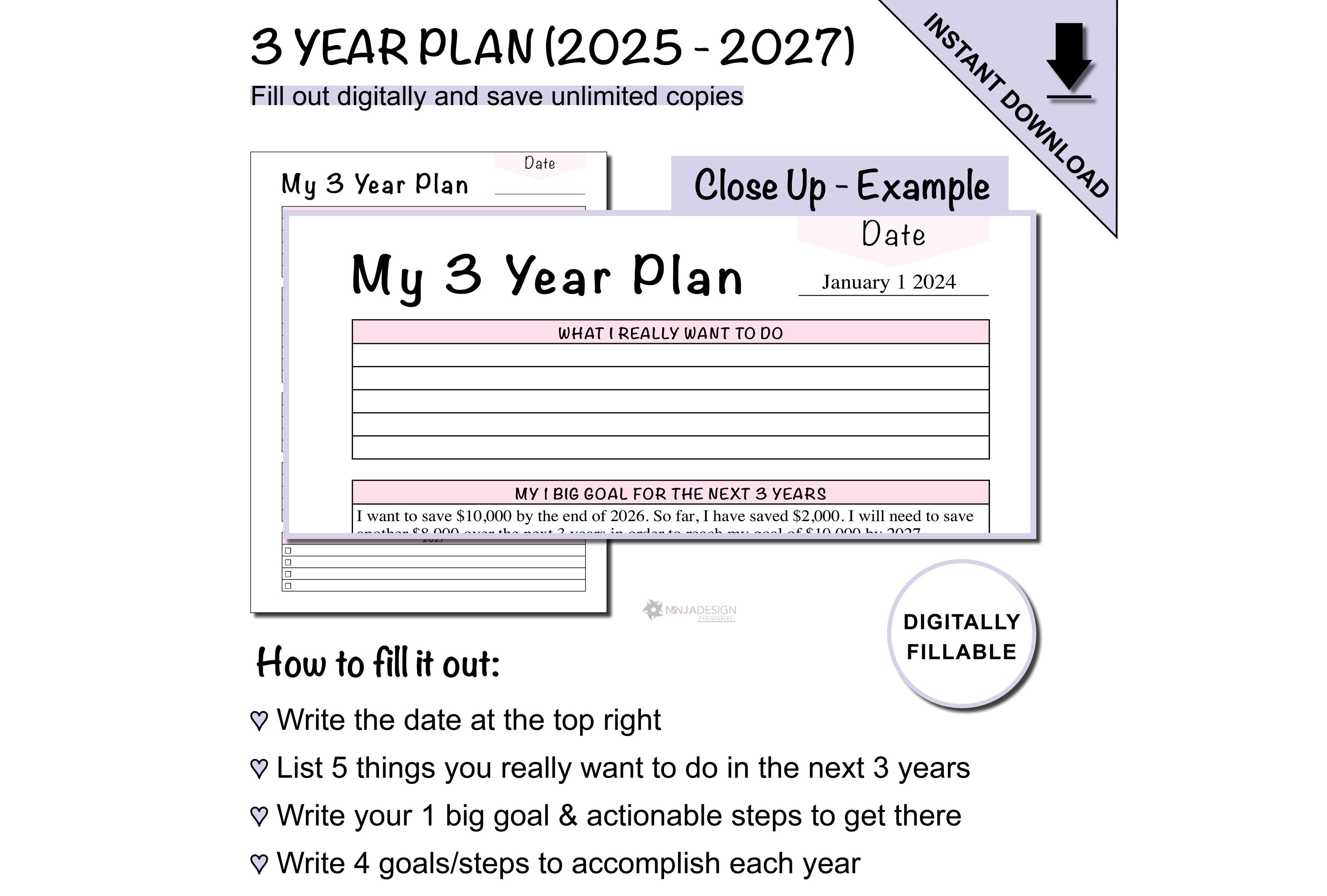 Fillable 3 Year Goal Planning Template for 2025 to 2027 Plus Blank ...
