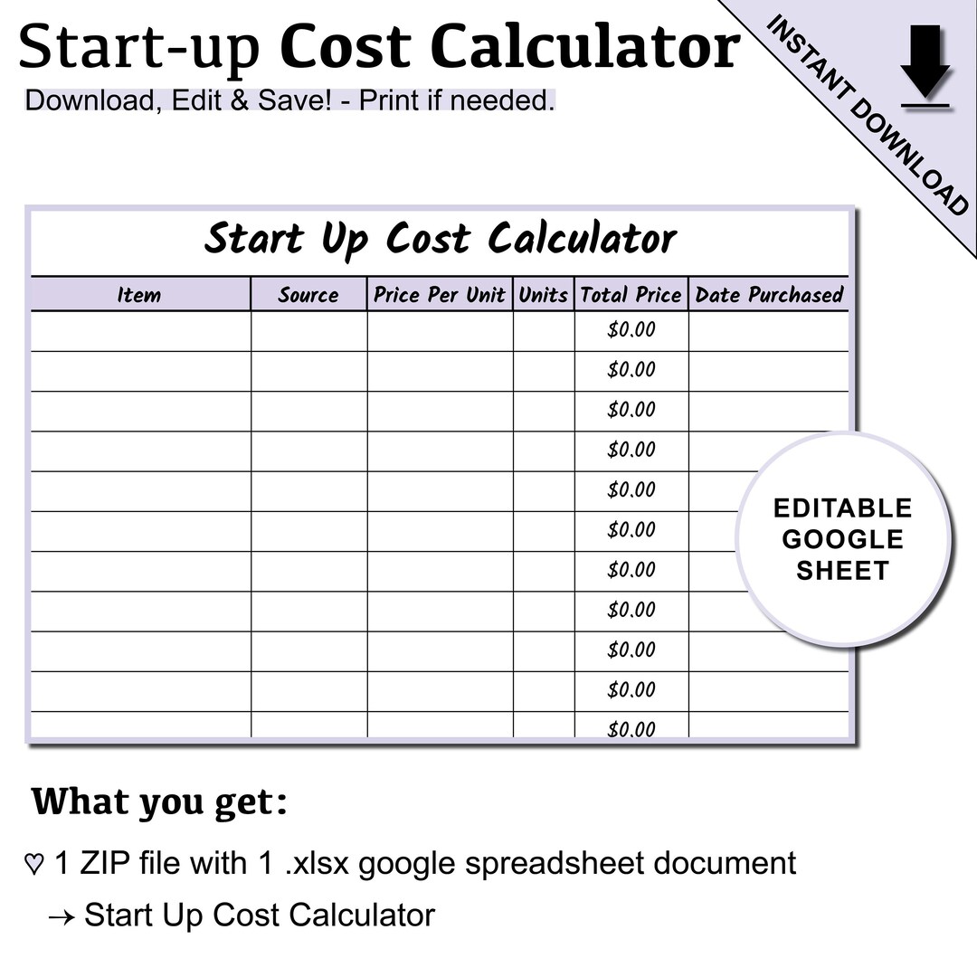 Editable Purple Start up Cost Calculator for Business - Etsy