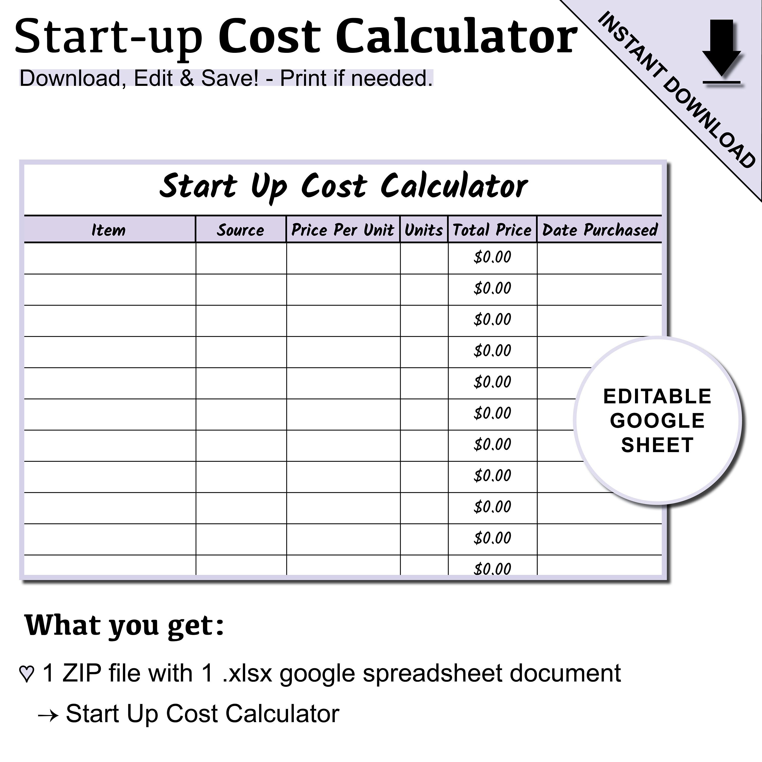Editable Purple Start up Cost Calculator for Business - Etsy