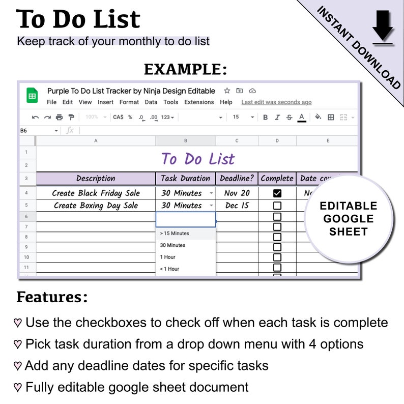 Editable to Do List Tracker for Business With Checkboxes Google ...