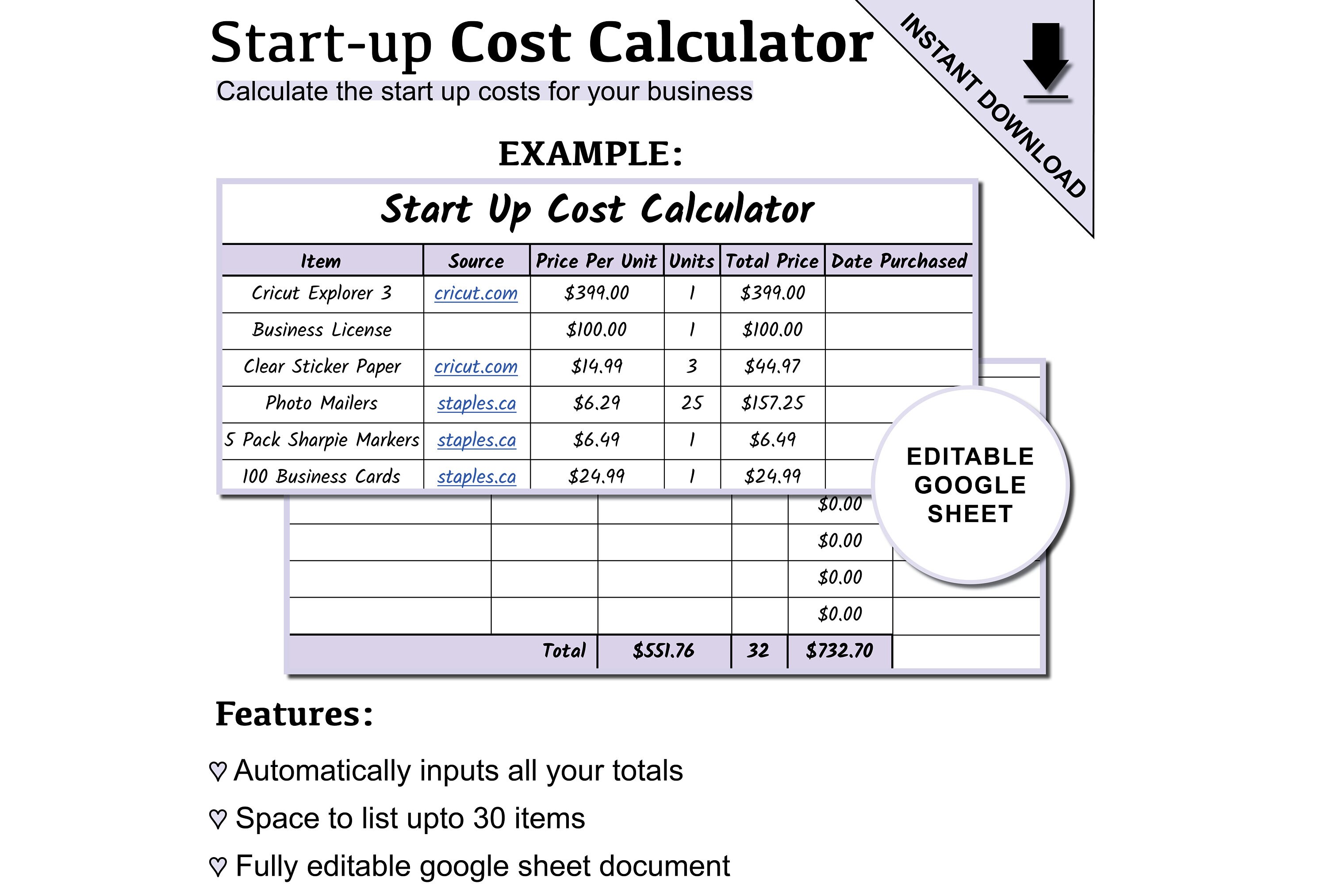 Editable Purple Start up Cost Calculator for Business | Printable ...