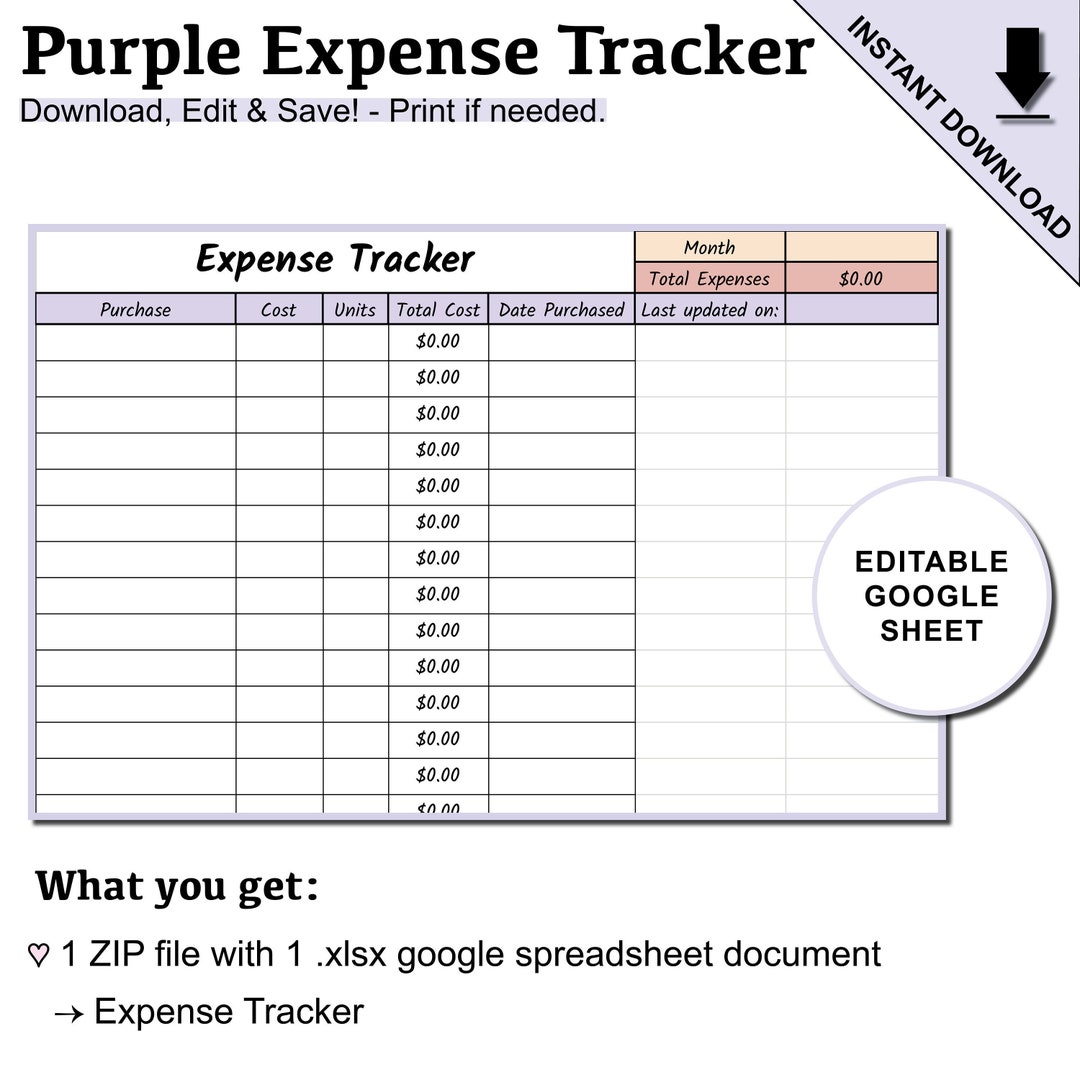 Editable Purple Expense Tracker for Business Google - Etsy