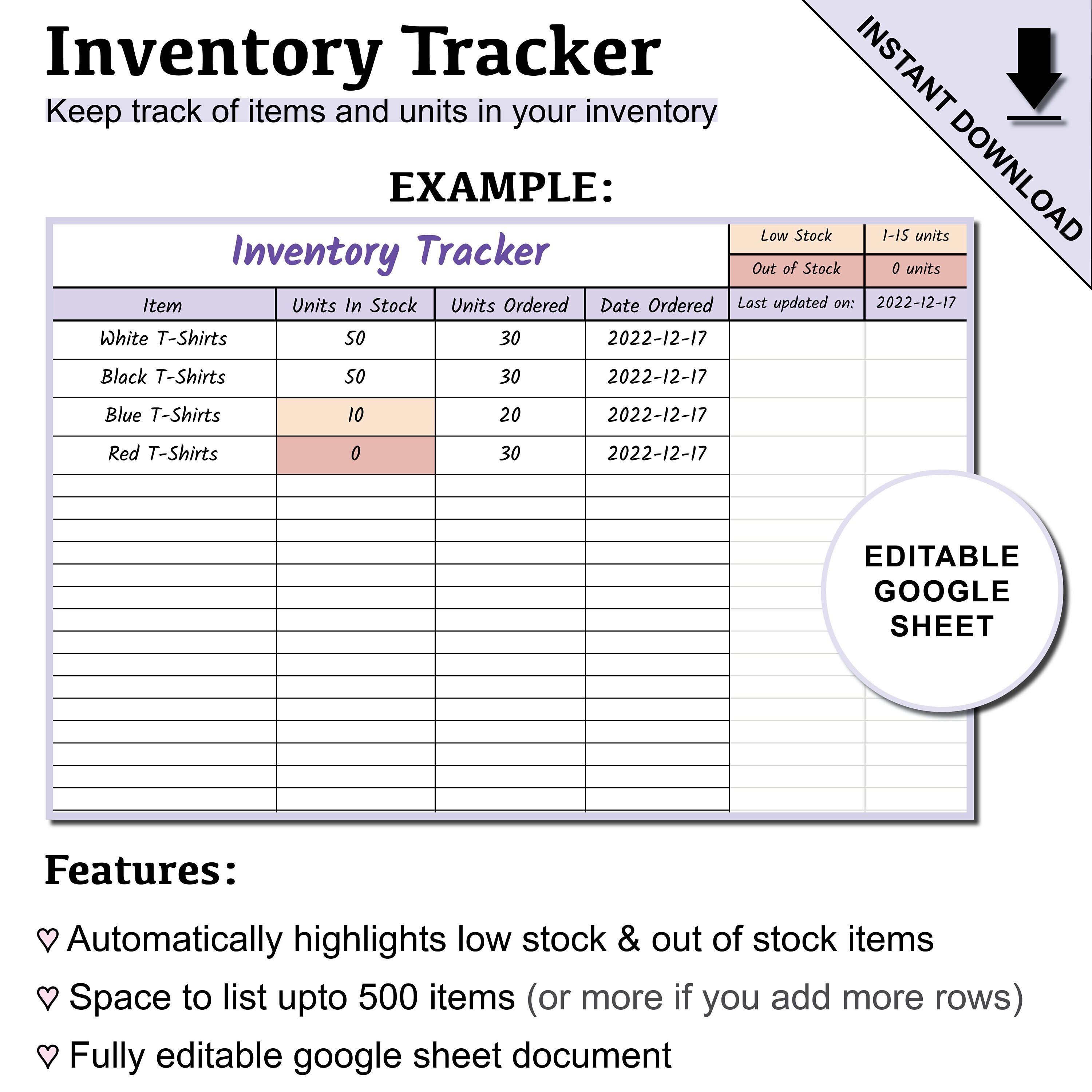 Editable Purple Inventory Tracker for Business Google Spreadsheets ...