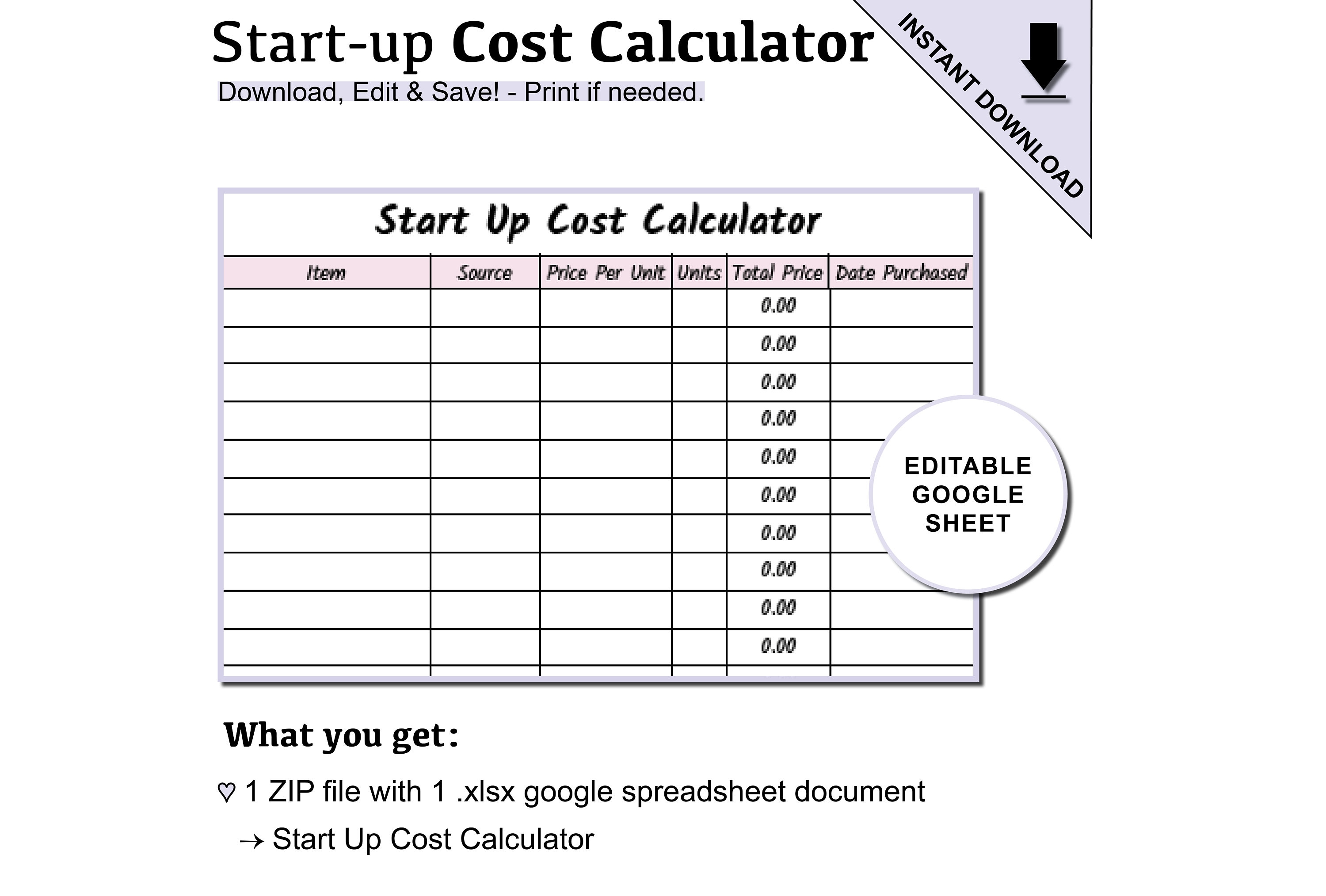 Editable Pink Start up Cost Calculator for Business | Printable Google ...