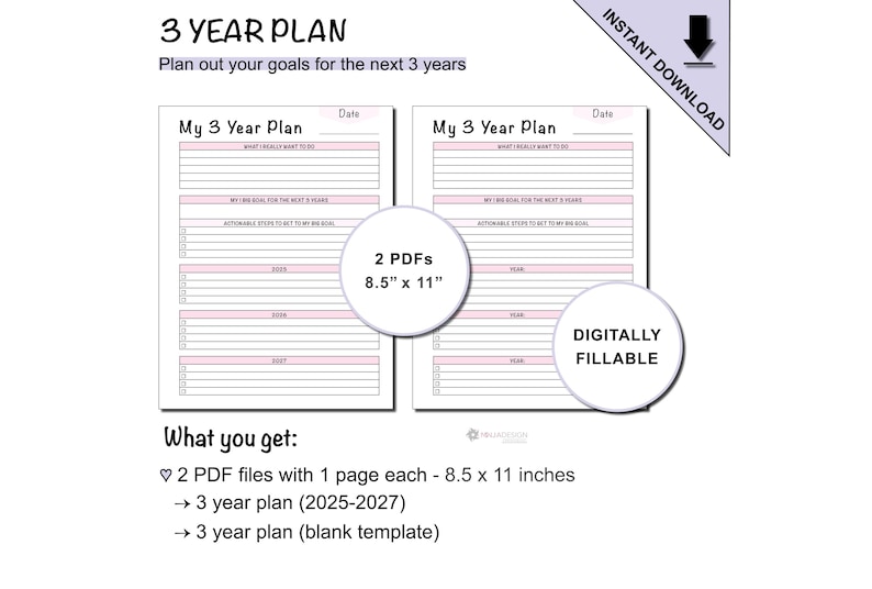 Fillable 3 Year Goal Planning Template for 2025 to 2027 Plus Blank ...