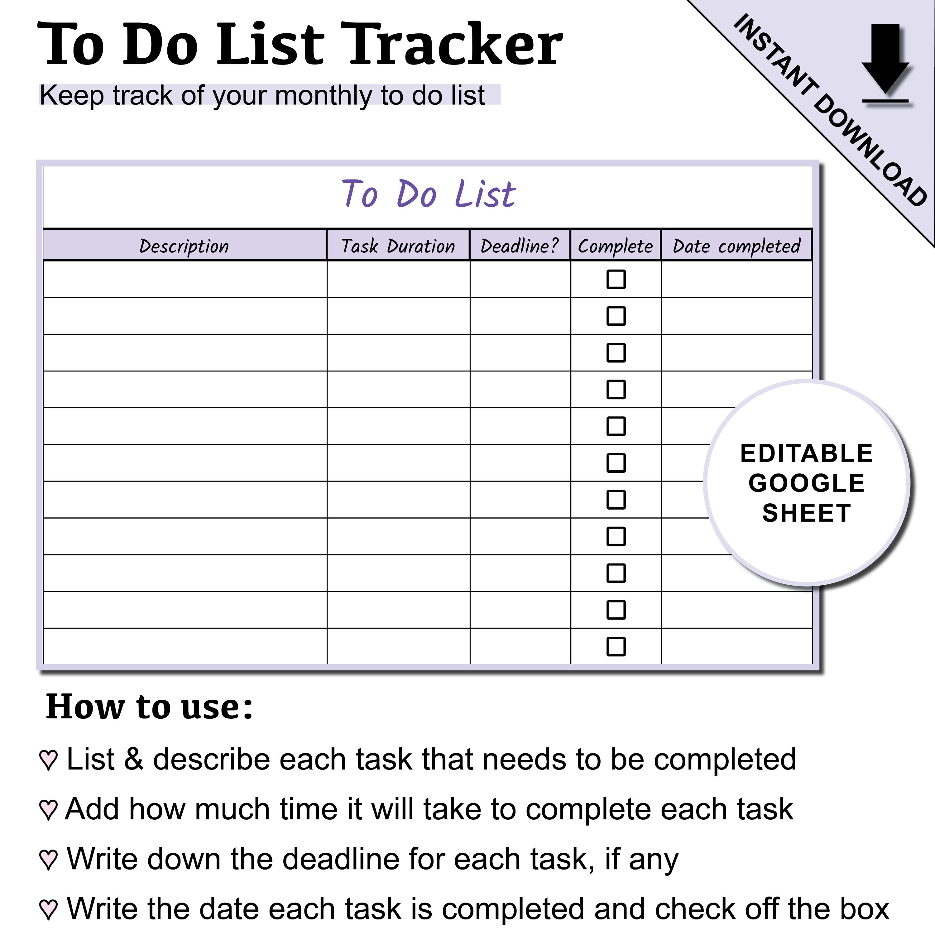 Editable to Do List Tracker for Business With Checkboxes Google ...