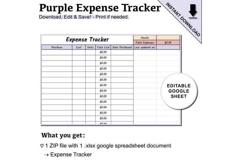 Editable Purple Expense Tracker for Business | Google Spreadsheets ...
