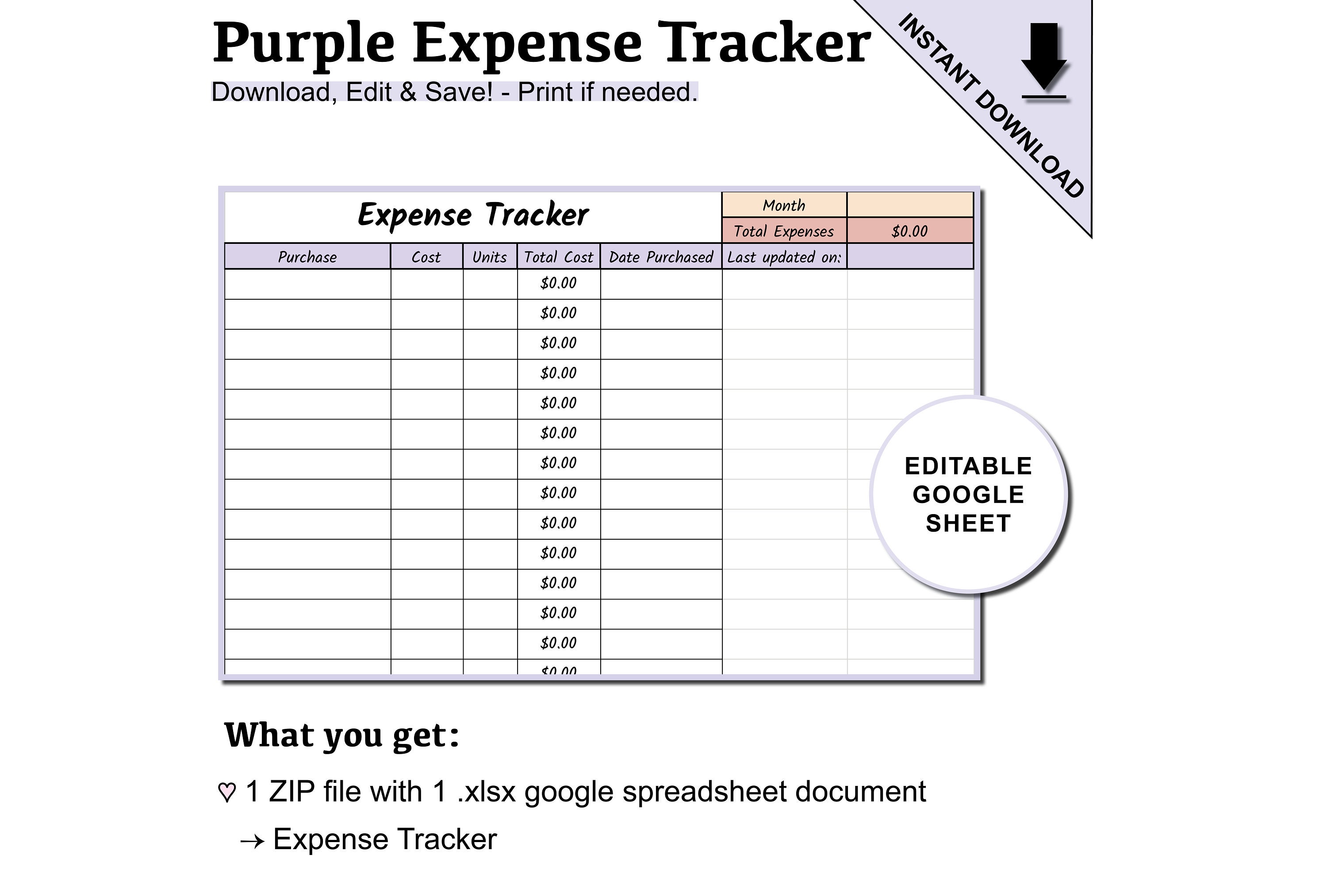 Editable Purple Expense Tracker for Business | Google Spreadsheets ...