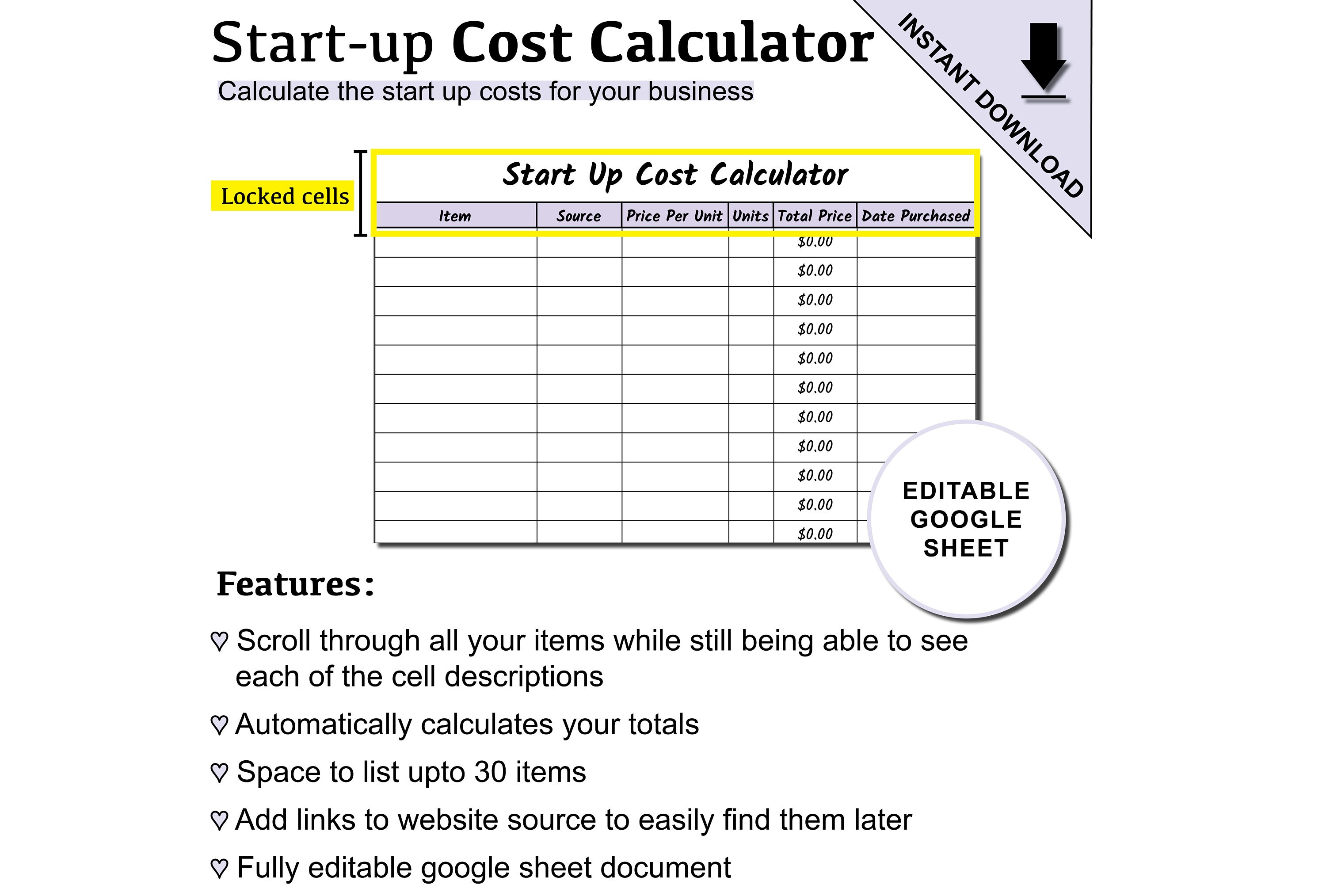 Editable Purple Start up Cost Calculator for Business | Printable ...