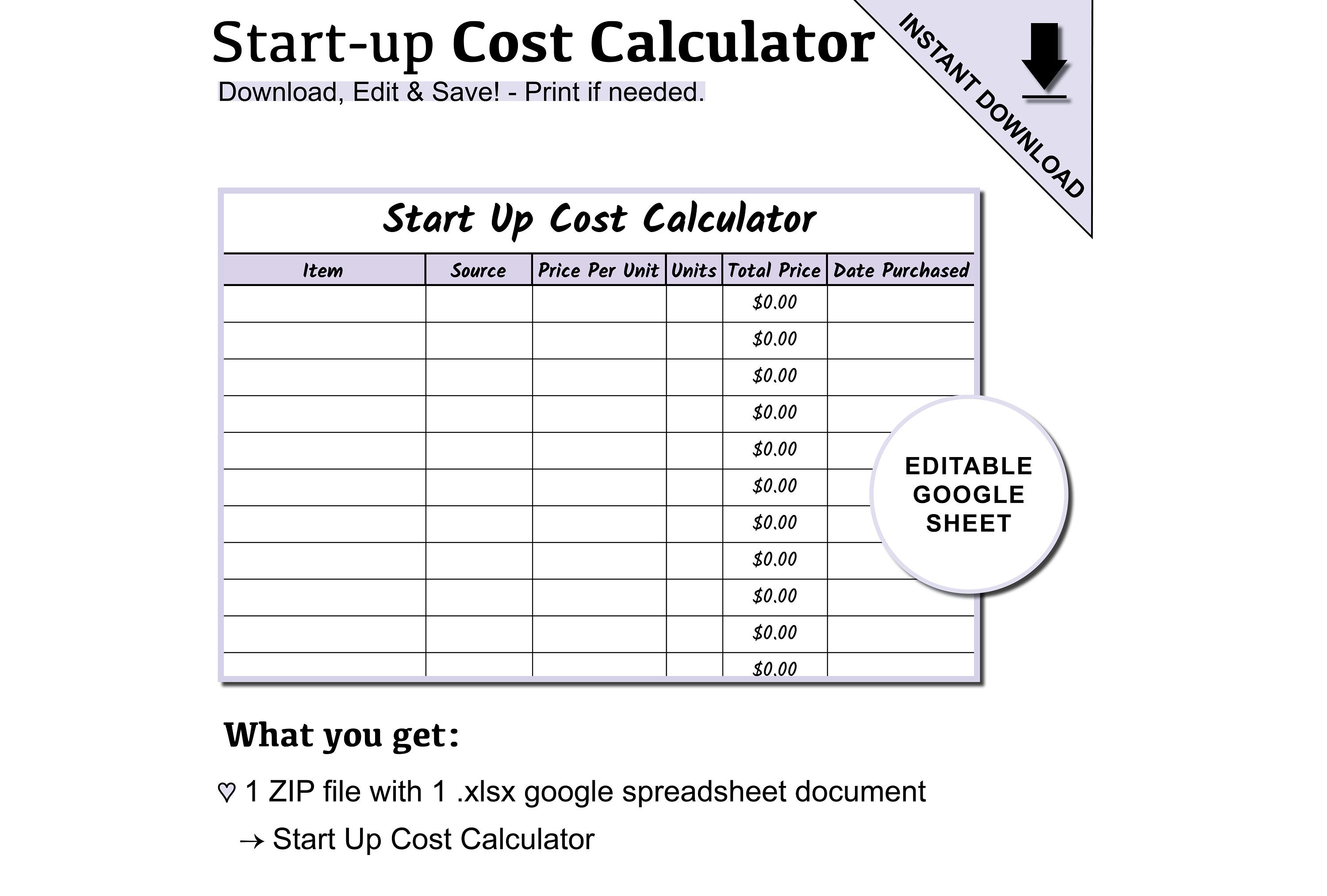 Editable Purple Start up Cost Calculator for Business Printable Google ...