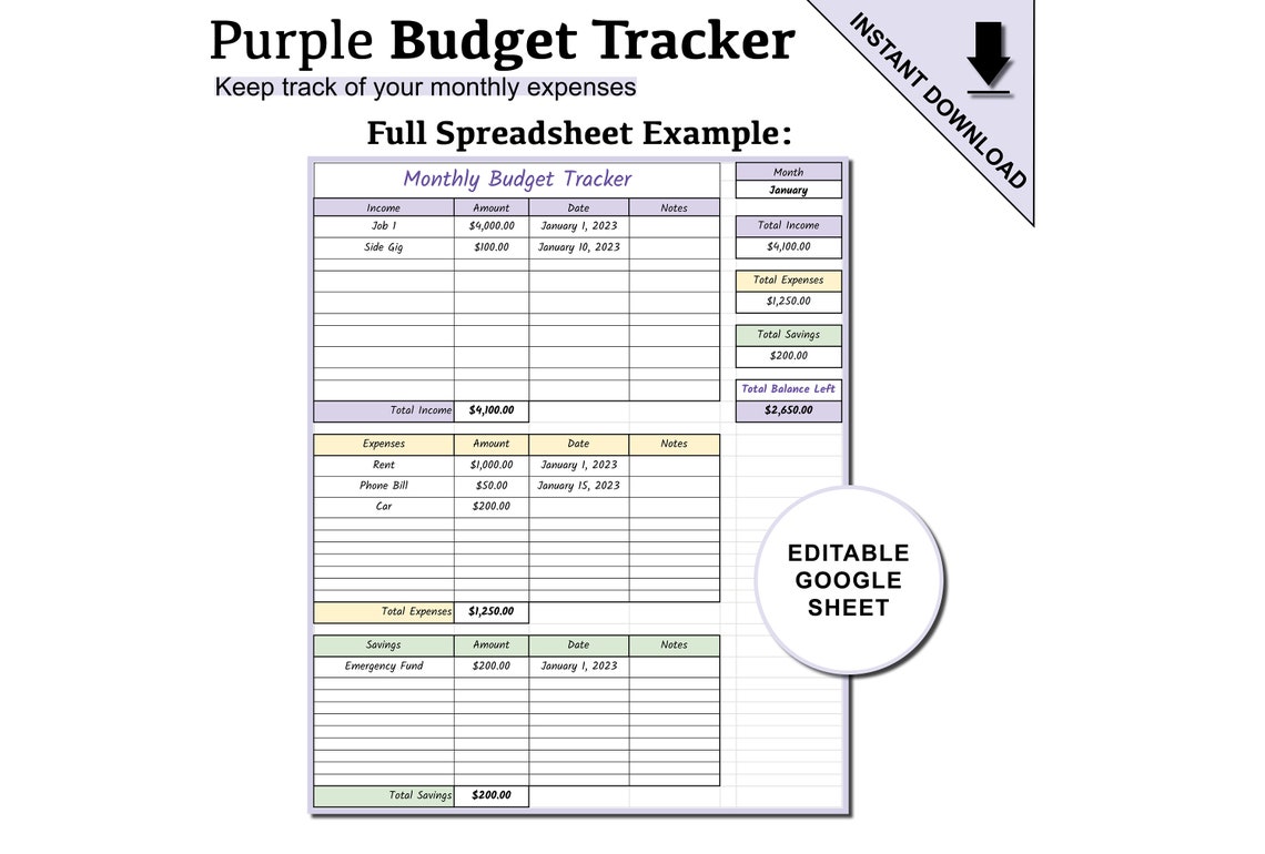 Editable Purple Monthly Budget Tracker Sheet Google Spreadsheets ...