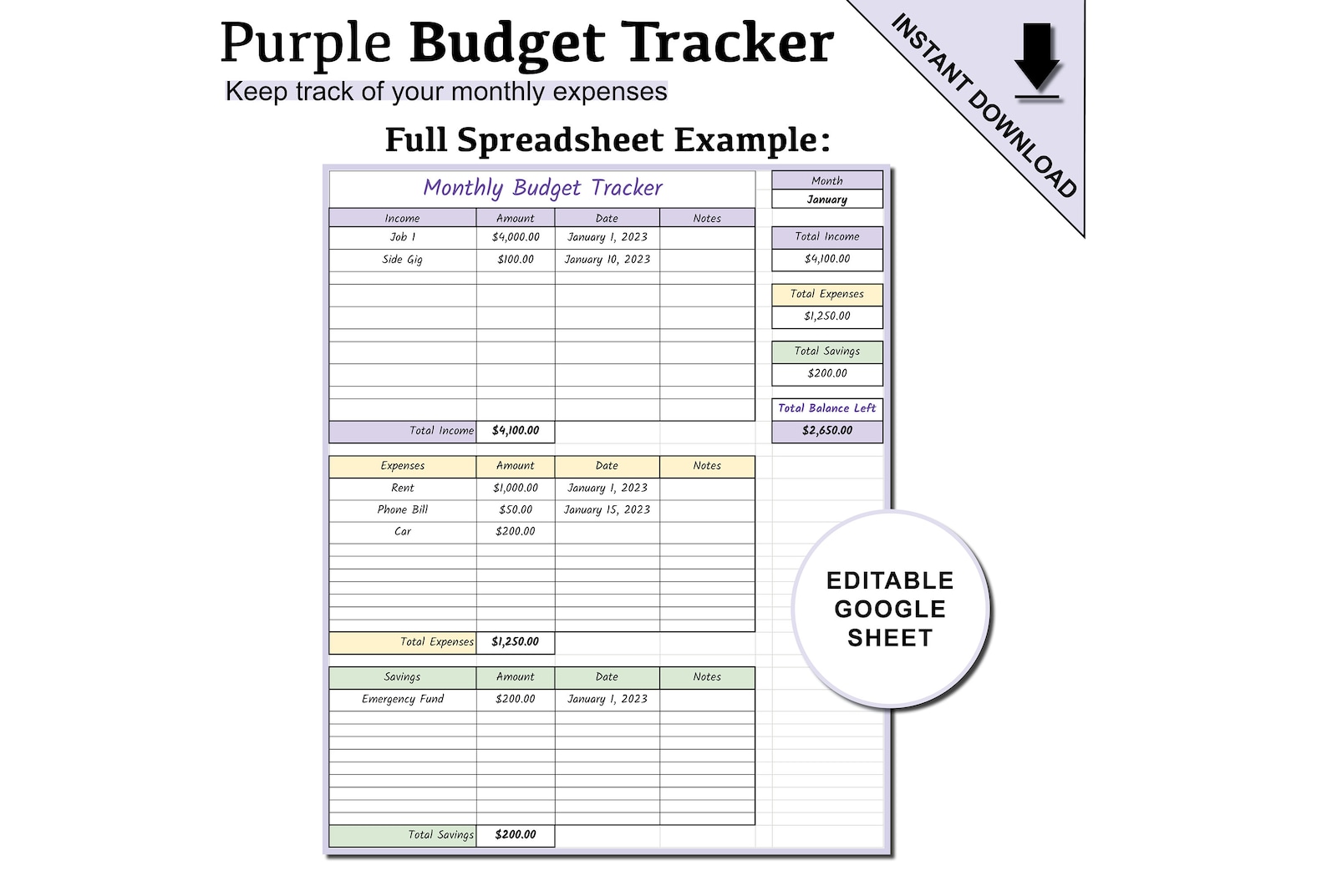 Editable Purple Monthly Budget Tracker Sheet | Google Spreadsheets ...