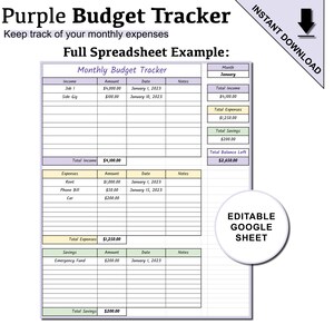 Editable Purple Monthly Budget Tracker Sheet Google Spreadsheets ...