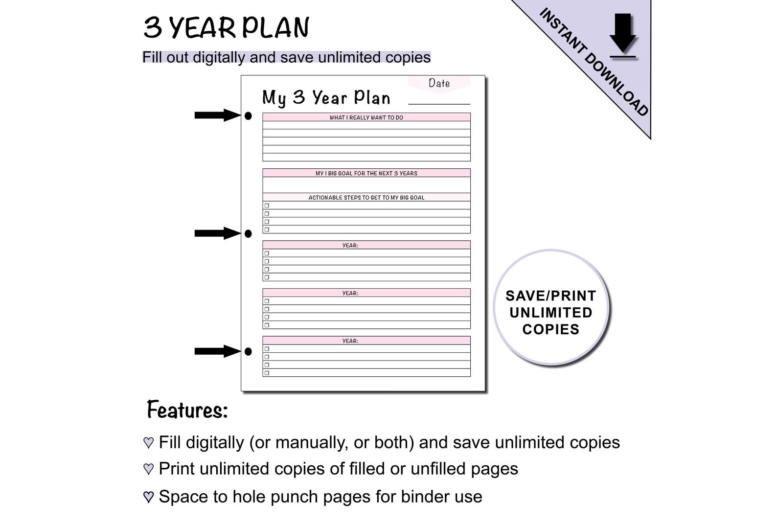 Fillable 3 Year Goal Planning Template for 2025 to 2027 Plus Blank ...