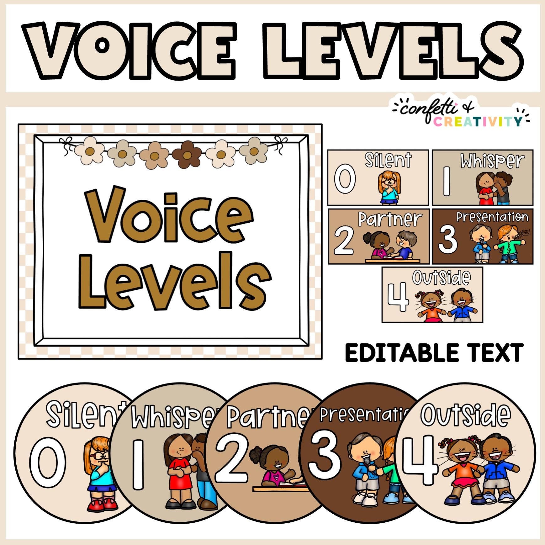 Neutral Classroom Voice Levels Chart: Editable Display (digital ...