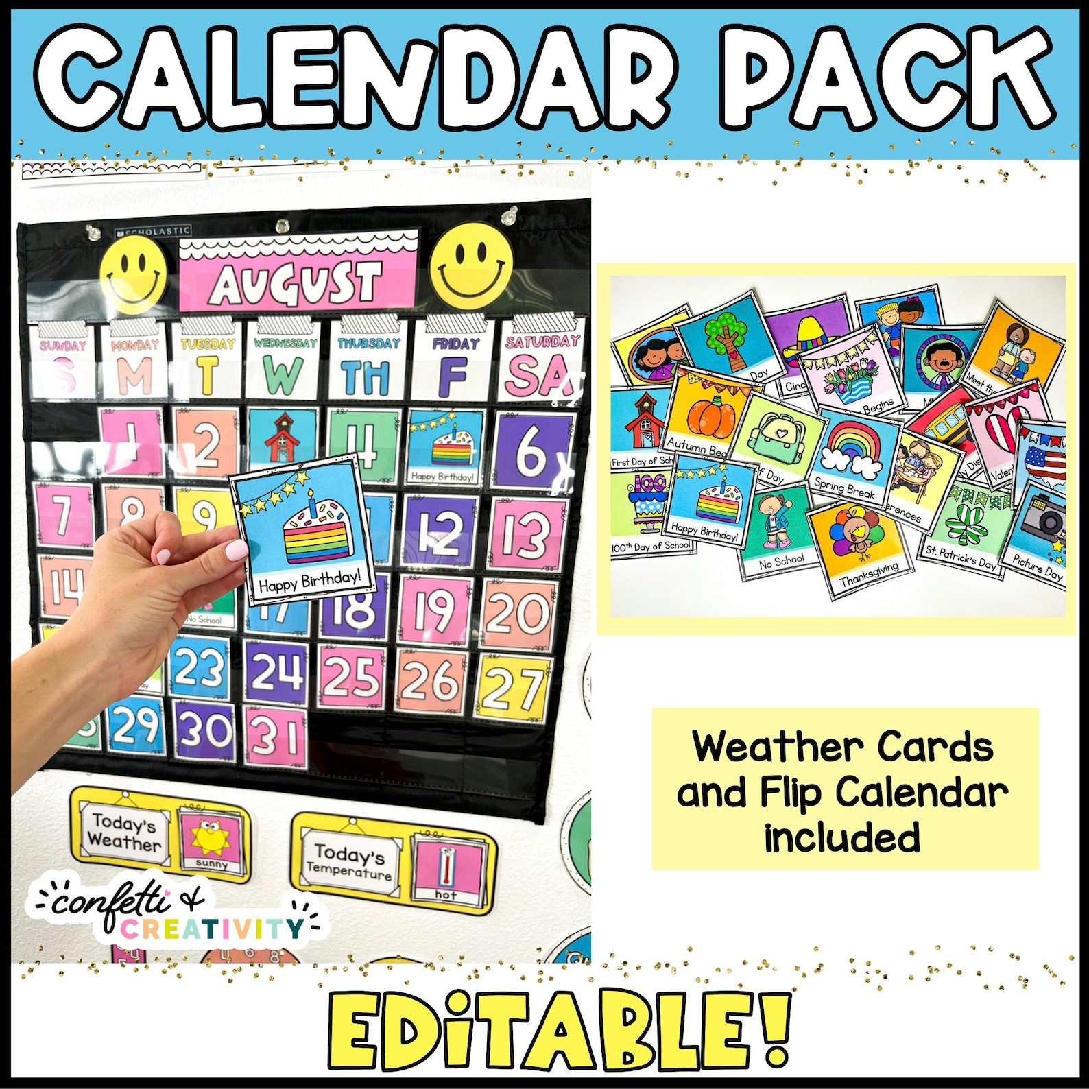 Bright Classroom Calendar Pack Pocket Chart Calendar Cards Flip ...