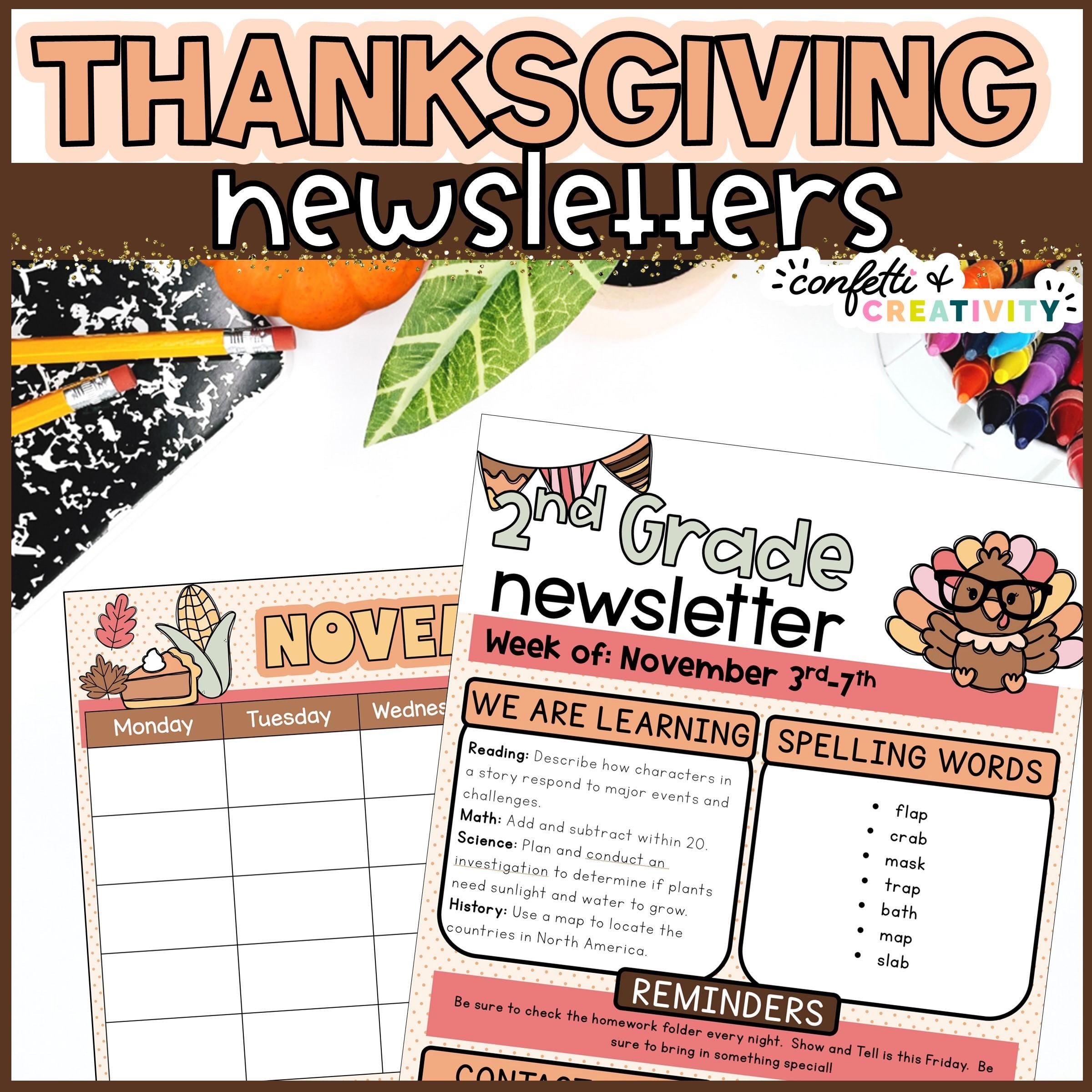 Thanksgiving Classroom Newsletter Template: Editable Calendar (digital ...