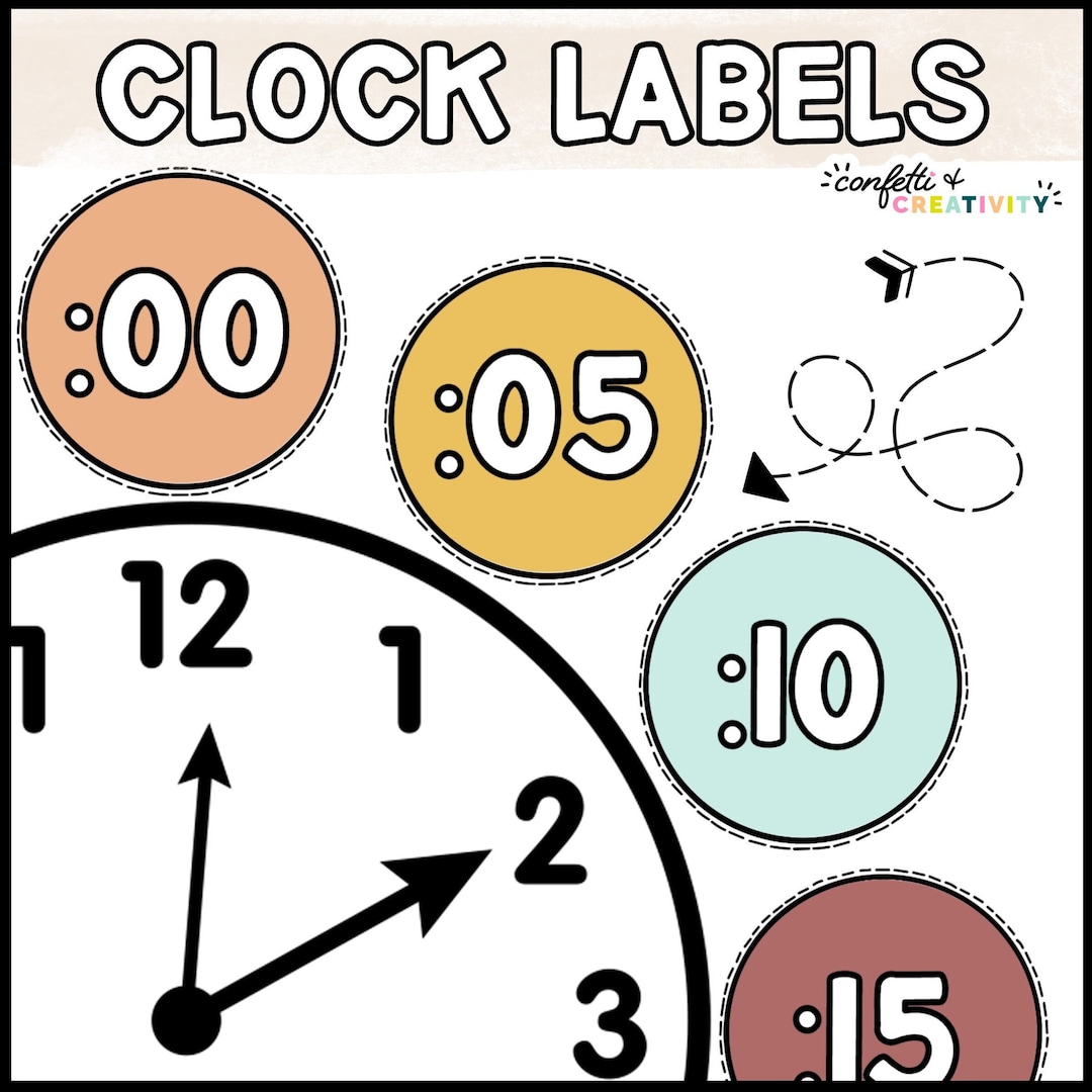 Neutral Classroom Clock Labels | 5 Minute Interval Clock Labels | Clock ...