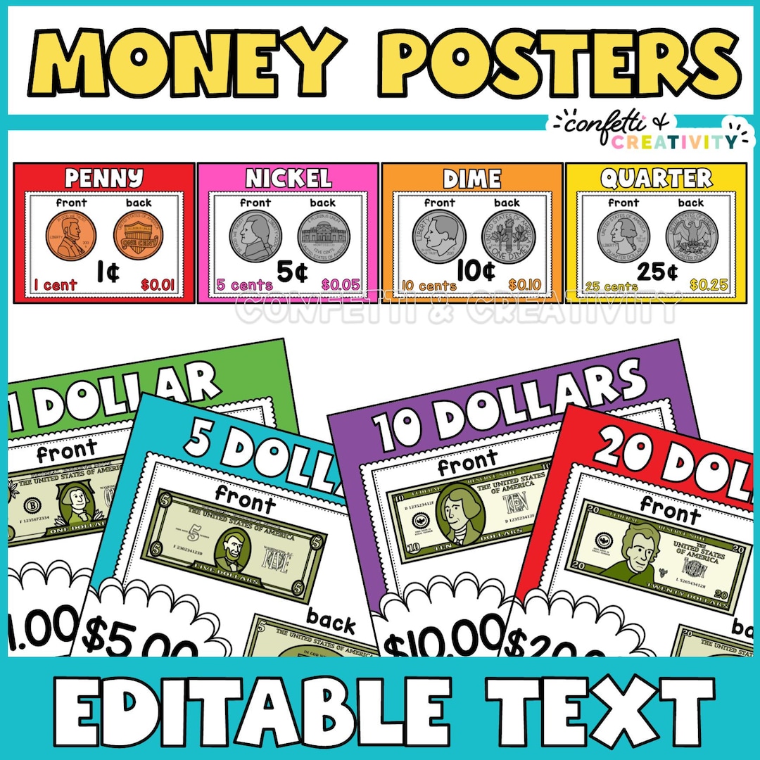 Colorful Money Posters | U.S. Coins & Bills Classroom Math Decor, Math ...
