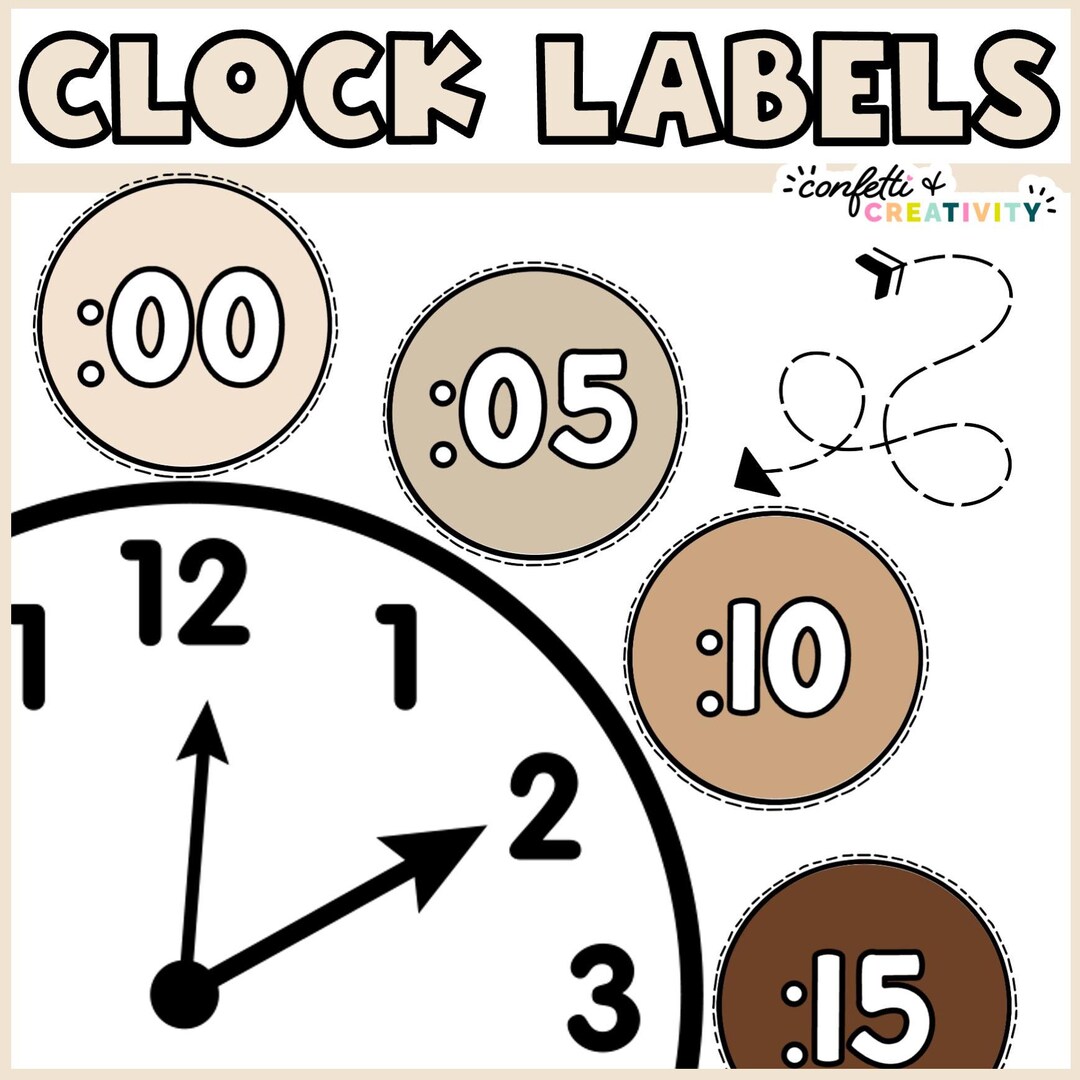 Neutral Classroom Clock Labels | 5 Minute Interval Clock Labels | Clock ...