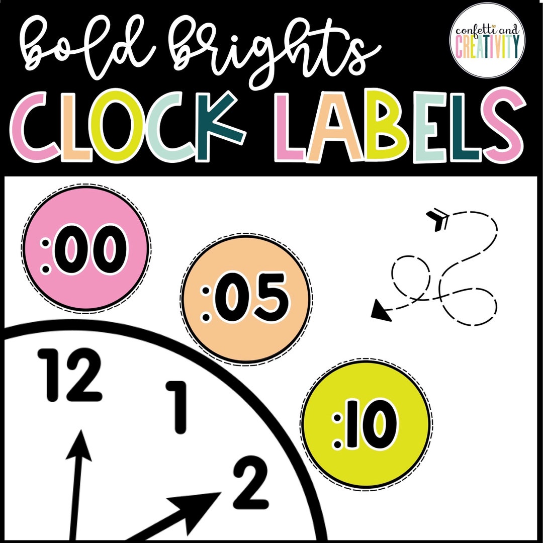 Bright Classroom Clock Labels | 5 Minute Interval Clock Labels | Clock ...