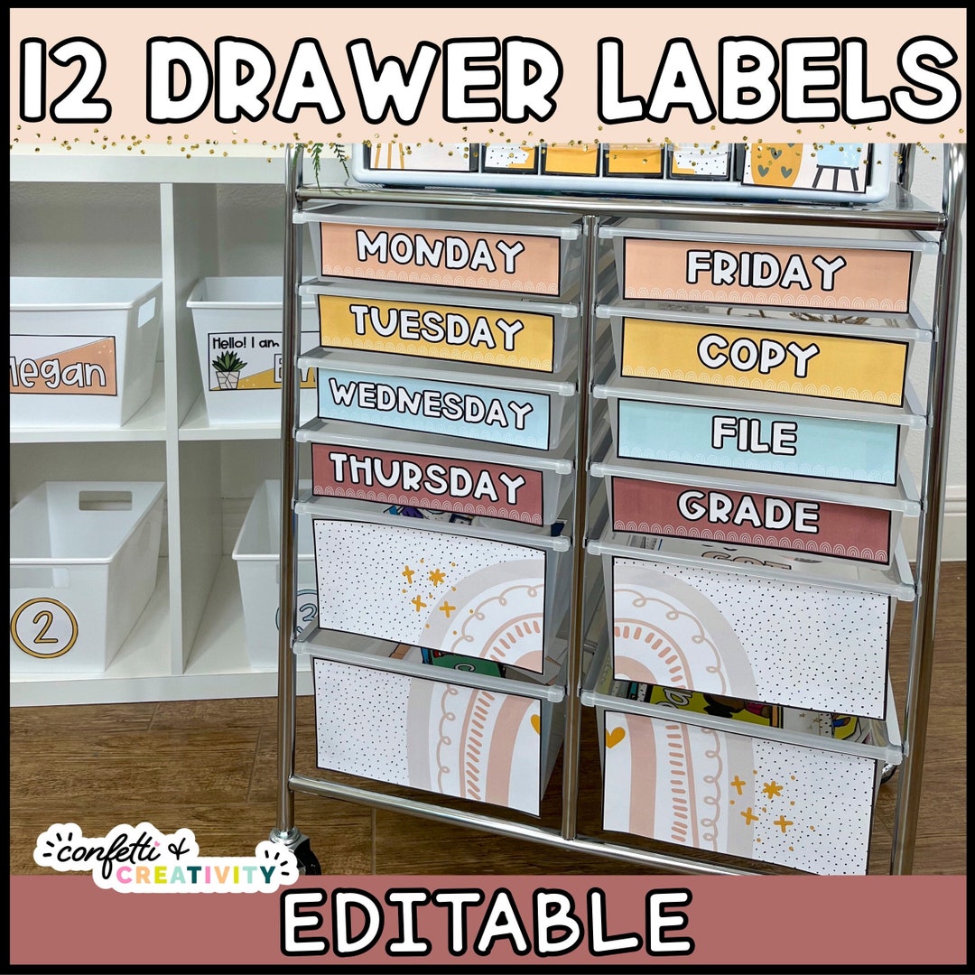 12 Drawer Rolling Cart Labels Editable Neutral Classroom Decor Teacher ...
