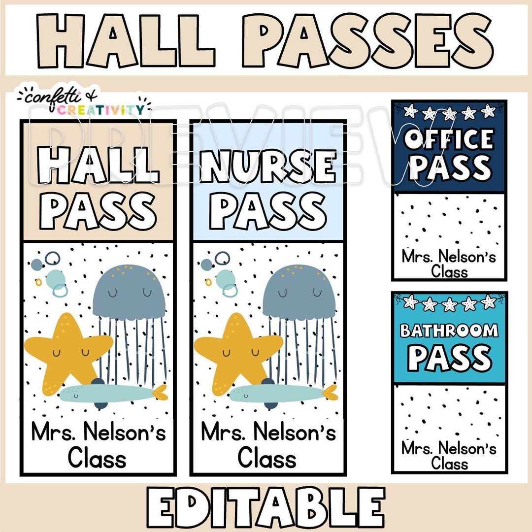 Ocean Theme Classroom Hall Passes: Editable Teacher Lanyard Pass ...