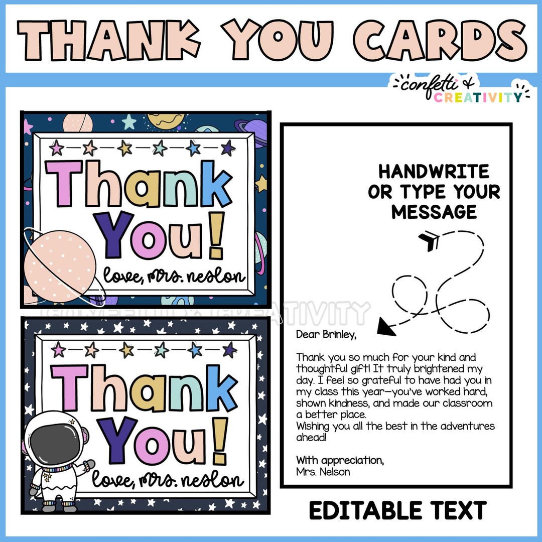 Space Themed Classroom Thank You Cards | Editable Student Appreciation ...