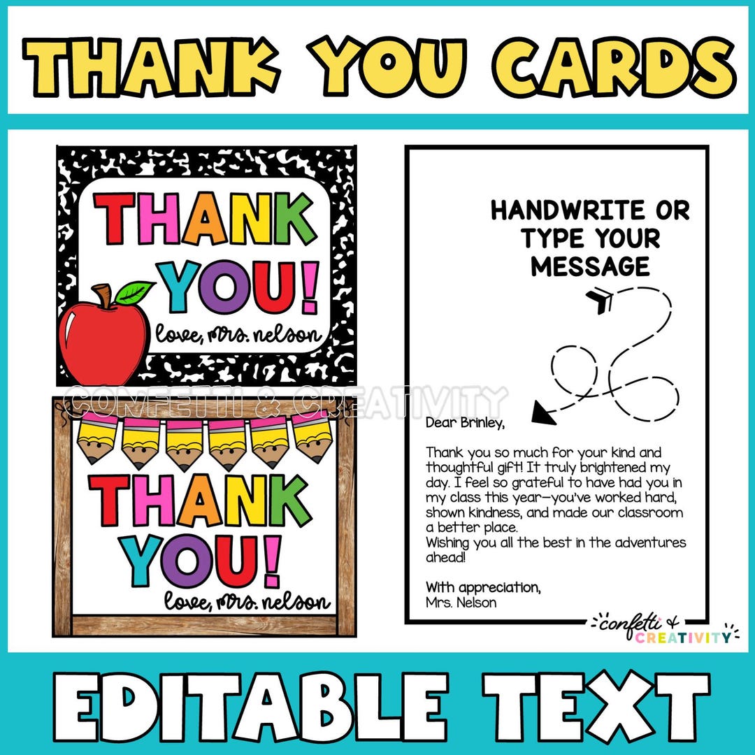Colorful Classroom Thank You Cards | Editable Student Appreciation ...